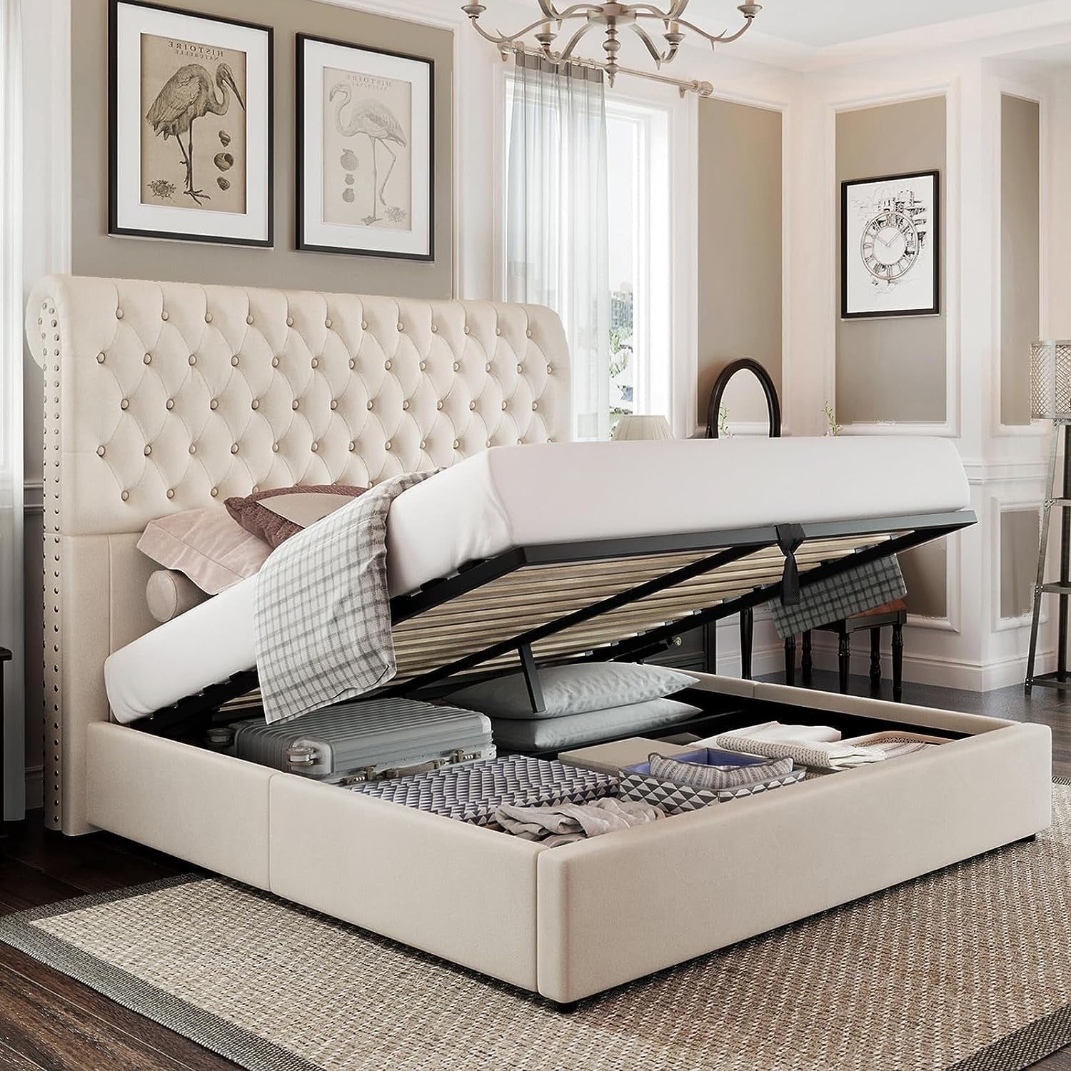 VanAcc Lift up Storage Bed Queen Size Velvet Upholstered Sleigh ...