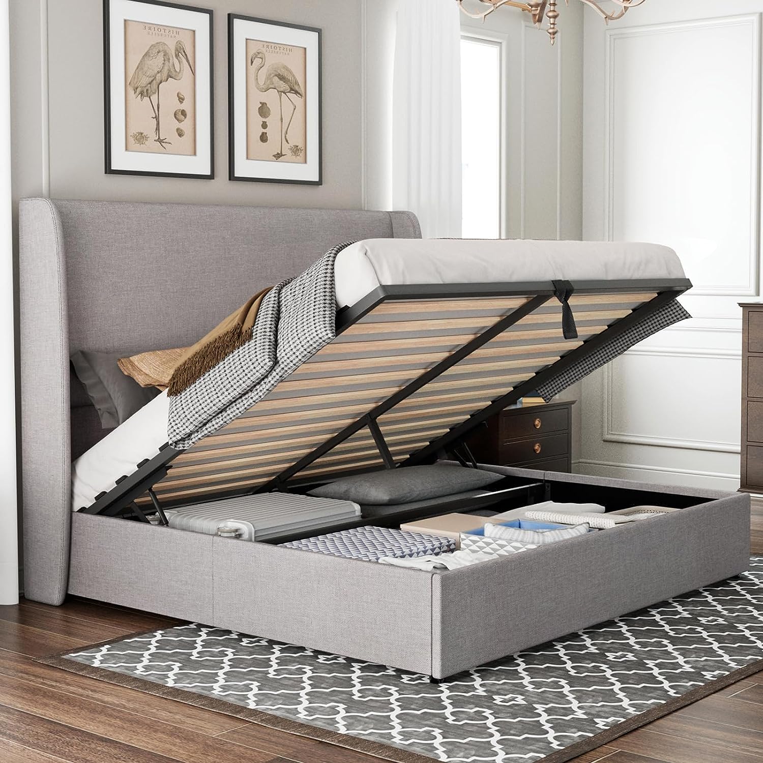 DWVO Upholstered Wingback Bed, Queen Bed Frame with Wood Slat, No Box ...