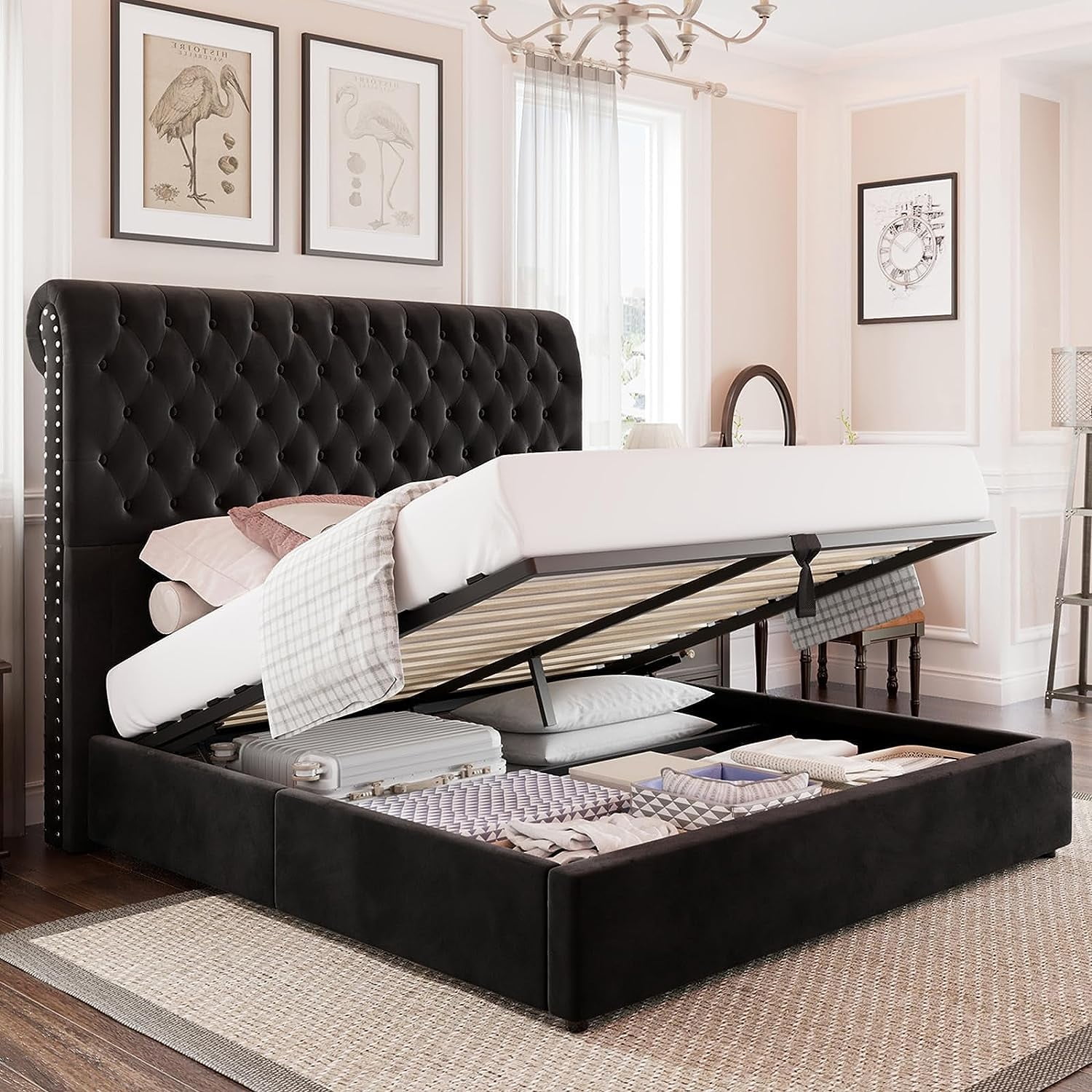 Jocisland Queen Velvet Upholstered Sleigh Bed with Lift Storage, Easy ...