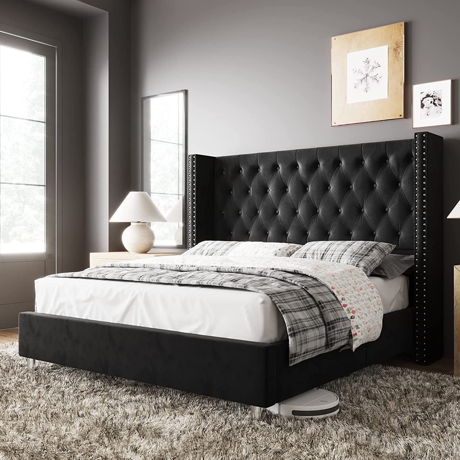 Jocisland Black Queen Bed Frame with Wingback Headboard, Velvet ...