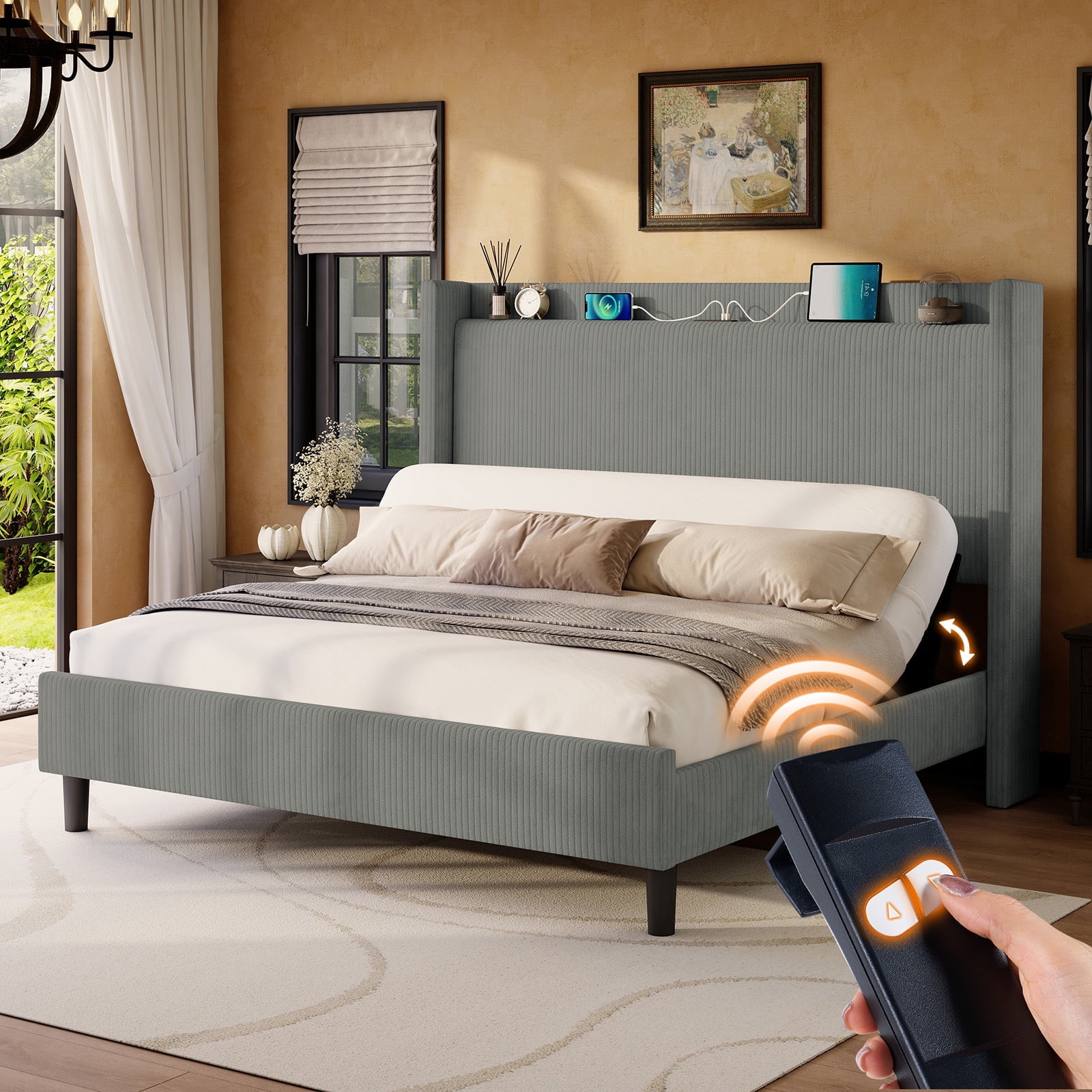 Jocisland Queen Bed Frame with Smart Adjustable Bed Base, Storage ...