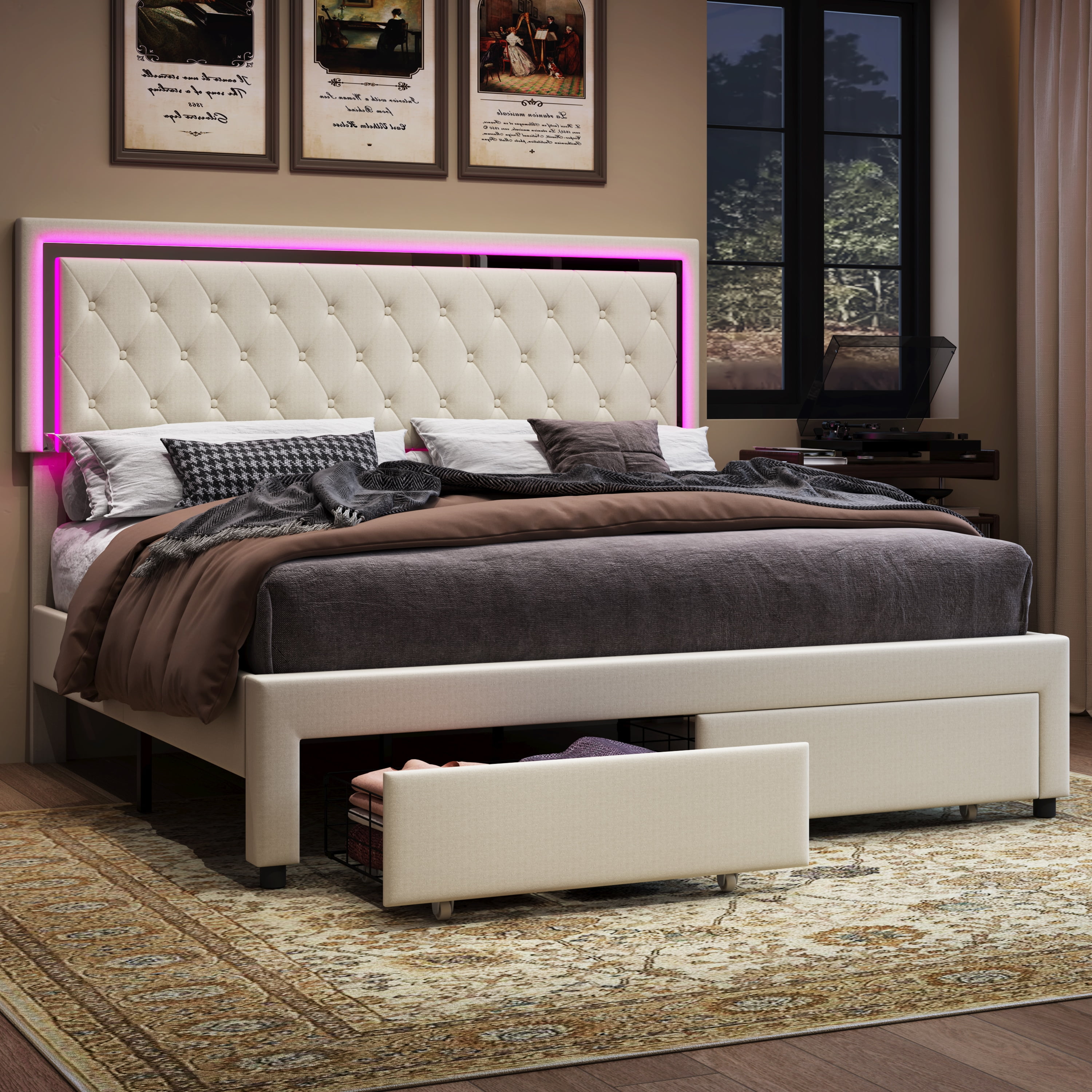 Rest Haven Renton Upholstered Channeled Platform Bed, Full, Cream ...