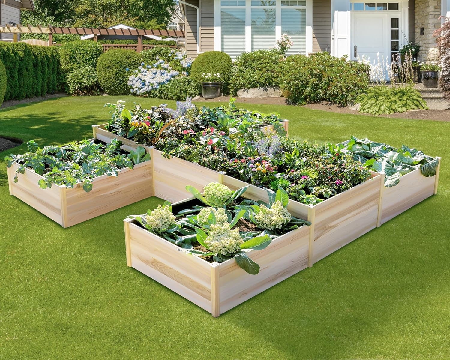Jocisland Raised Garden Planter - 12x12x2 ft H-Shaped Wooden Garden Bed ...