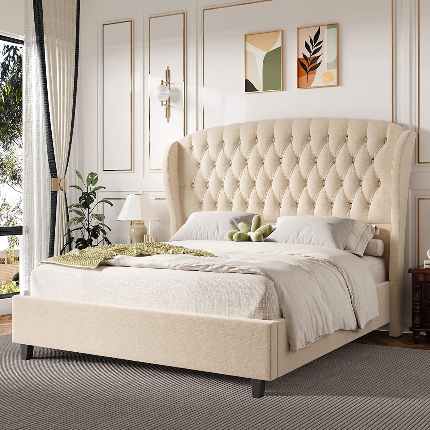 Jocisland Queen Size Upholstered Bed Frame with Wingback, Tufted ...