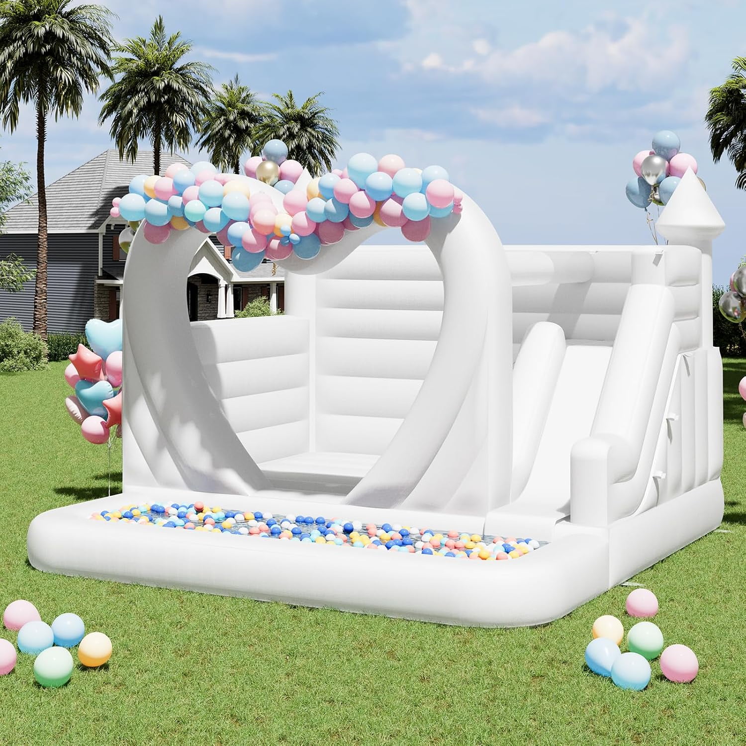 Jocisland White Bounce House with Ball Pit and Slide, 15.1×15.1×11.2 FT ...