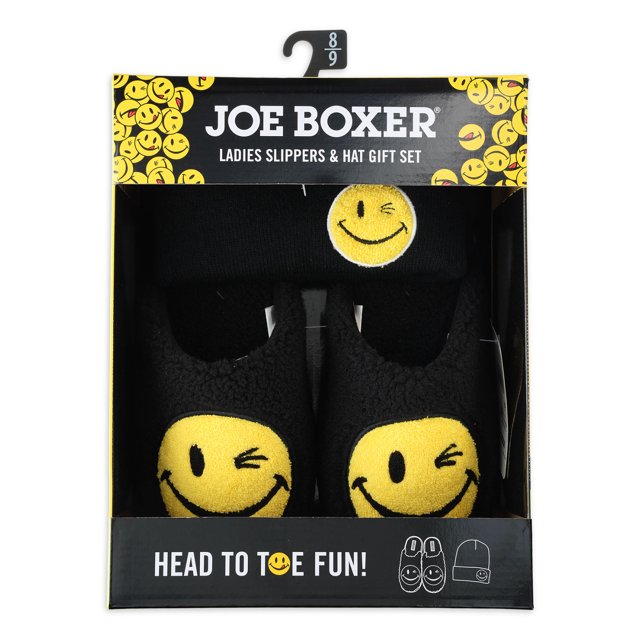 Joe Boxer Women's Smiley Face Slipper & Hat Gift Set - Walmart.com