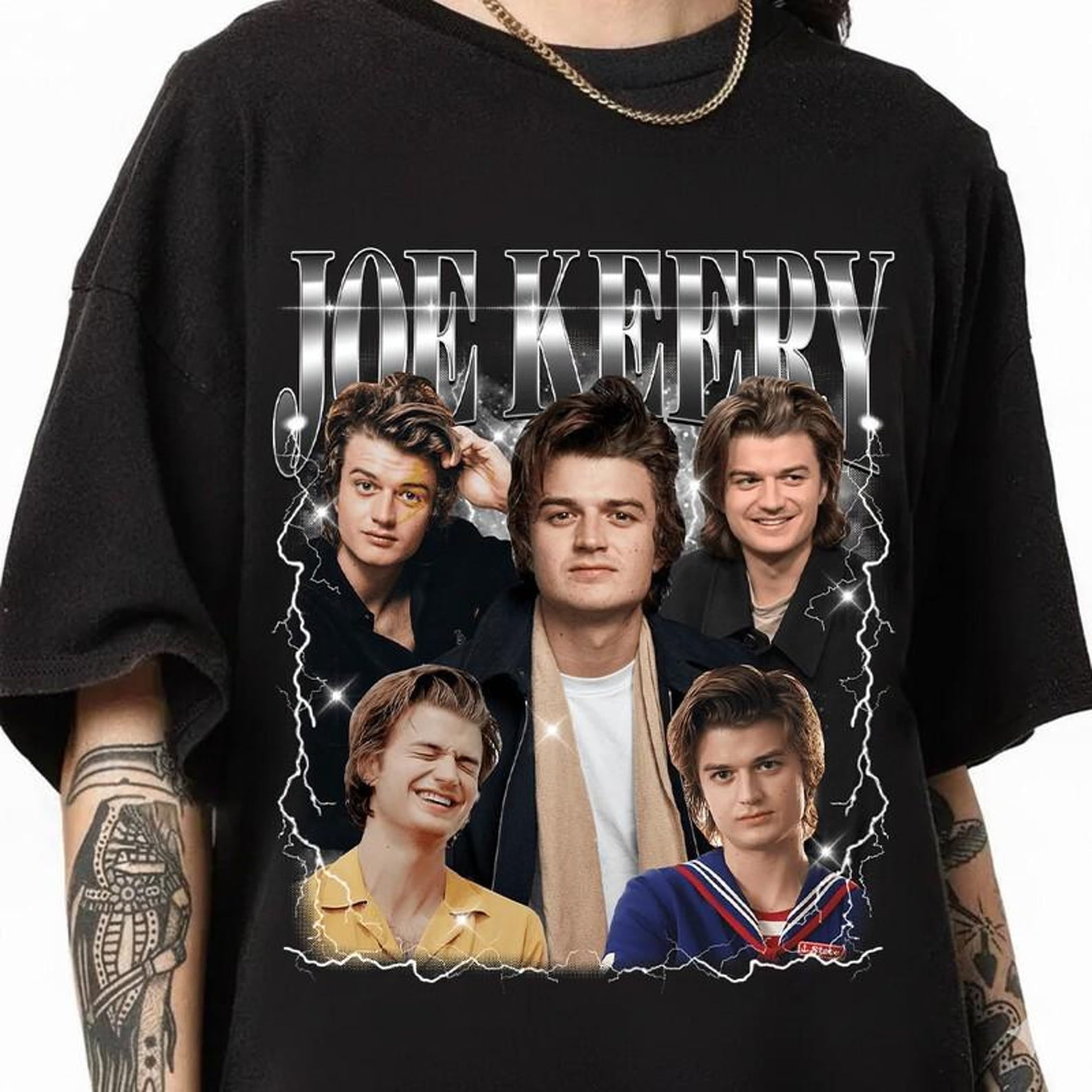 Joe Keery Retro 90s Graphic T-Shirt with Lightning Design - Vintage ...
