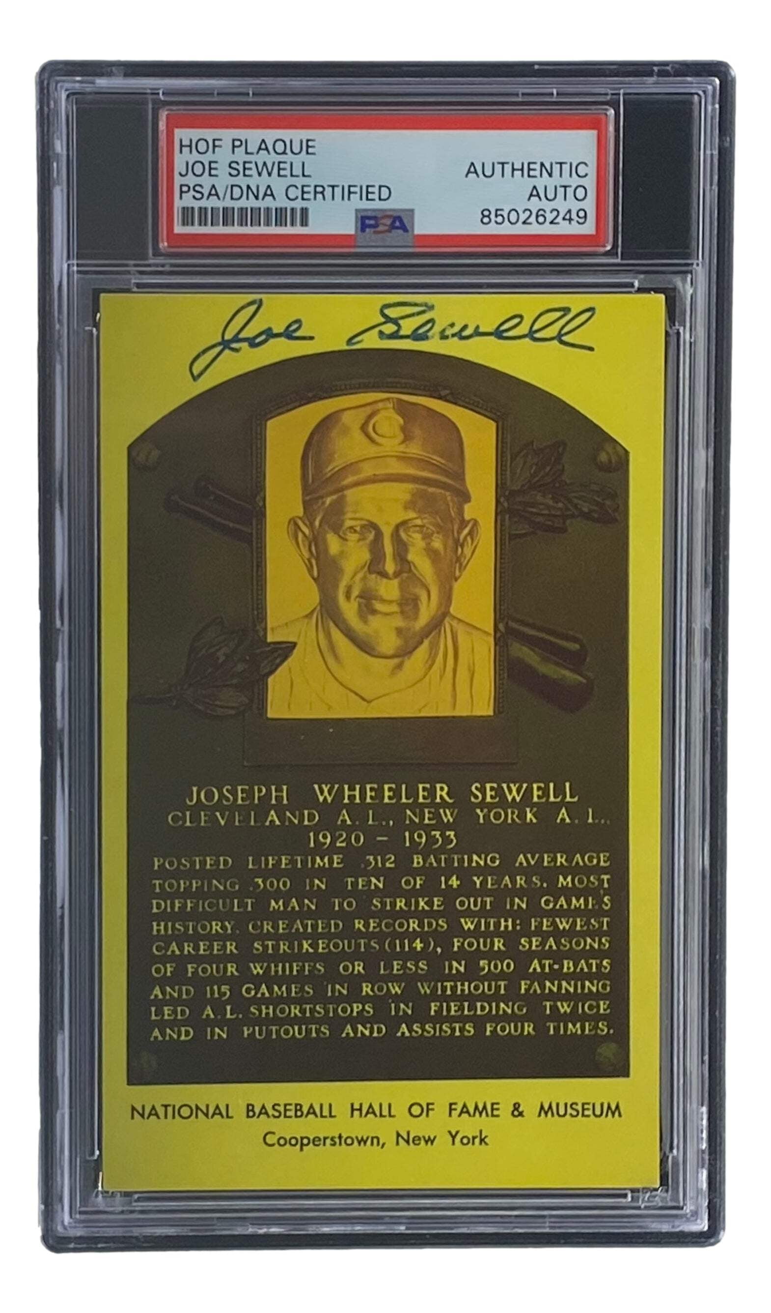 Joe Sewell Signed 4x6 Cleveland Hall Of Fame Plaque Card PSA/DNA ...