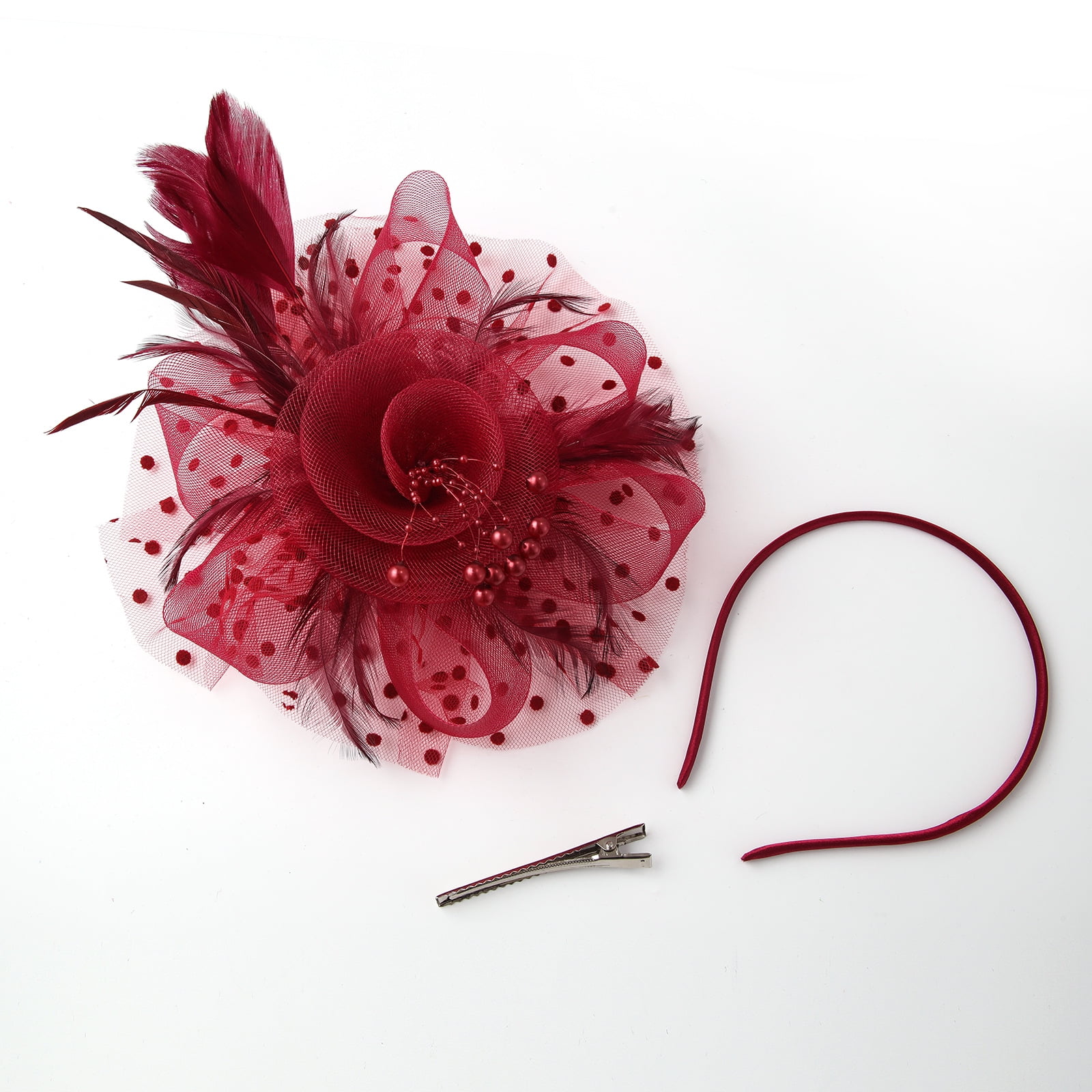 Joefnel Hat Flower Mesh Ribbons Feathers on a Headband and a Clip Tea ...