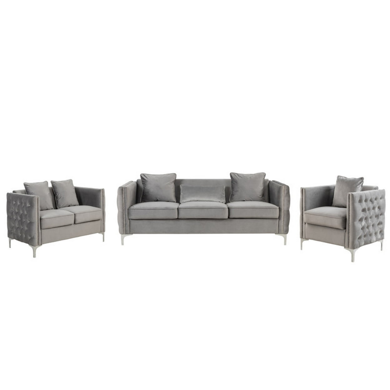 Joel 3 Piece Sofa, Loveseat, and Armchair Living Room Set, Gray Velvet ...