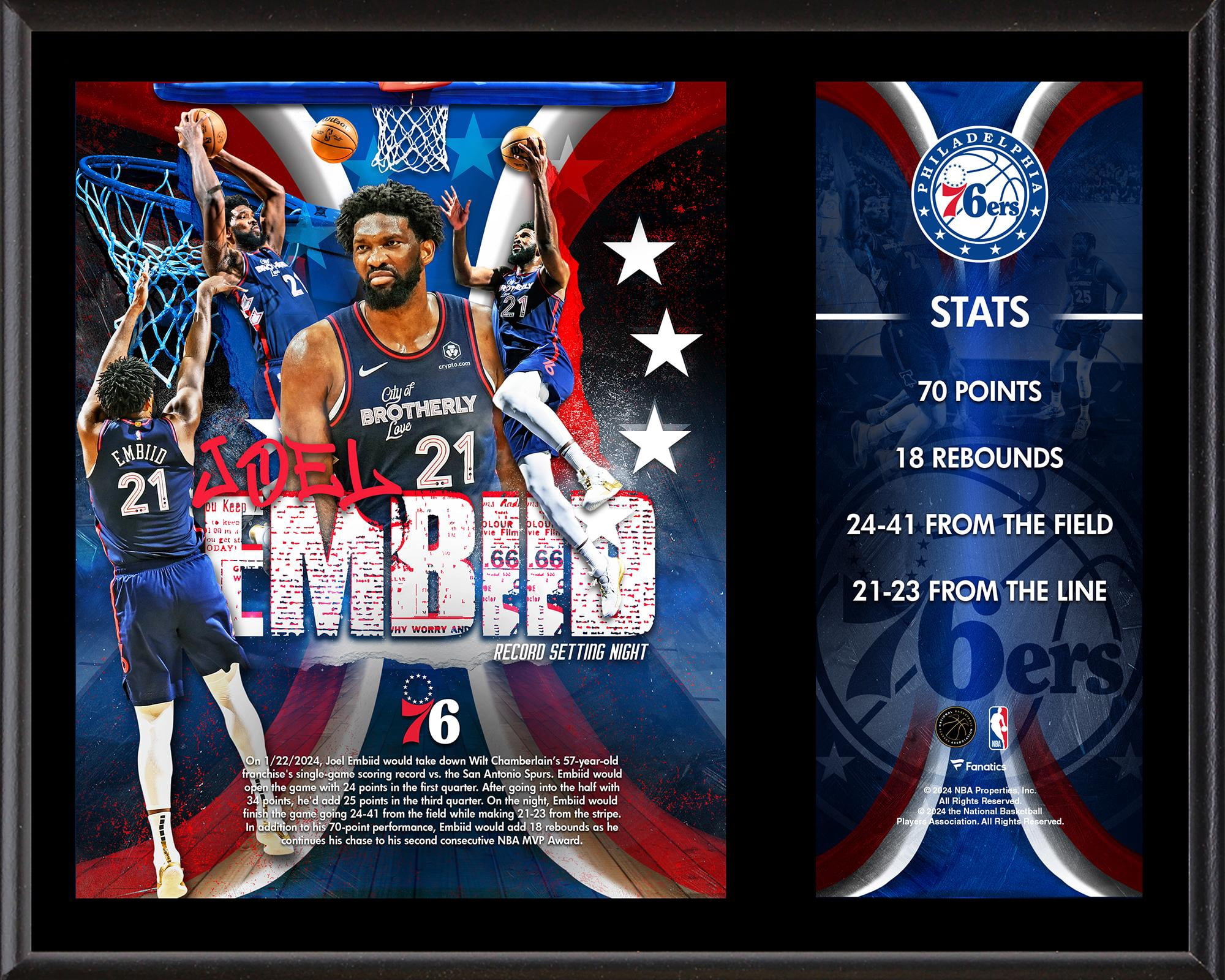 Joel Embiid Philadelphia 76ers 12" x 15" Franchise Record Breaking 70 ...