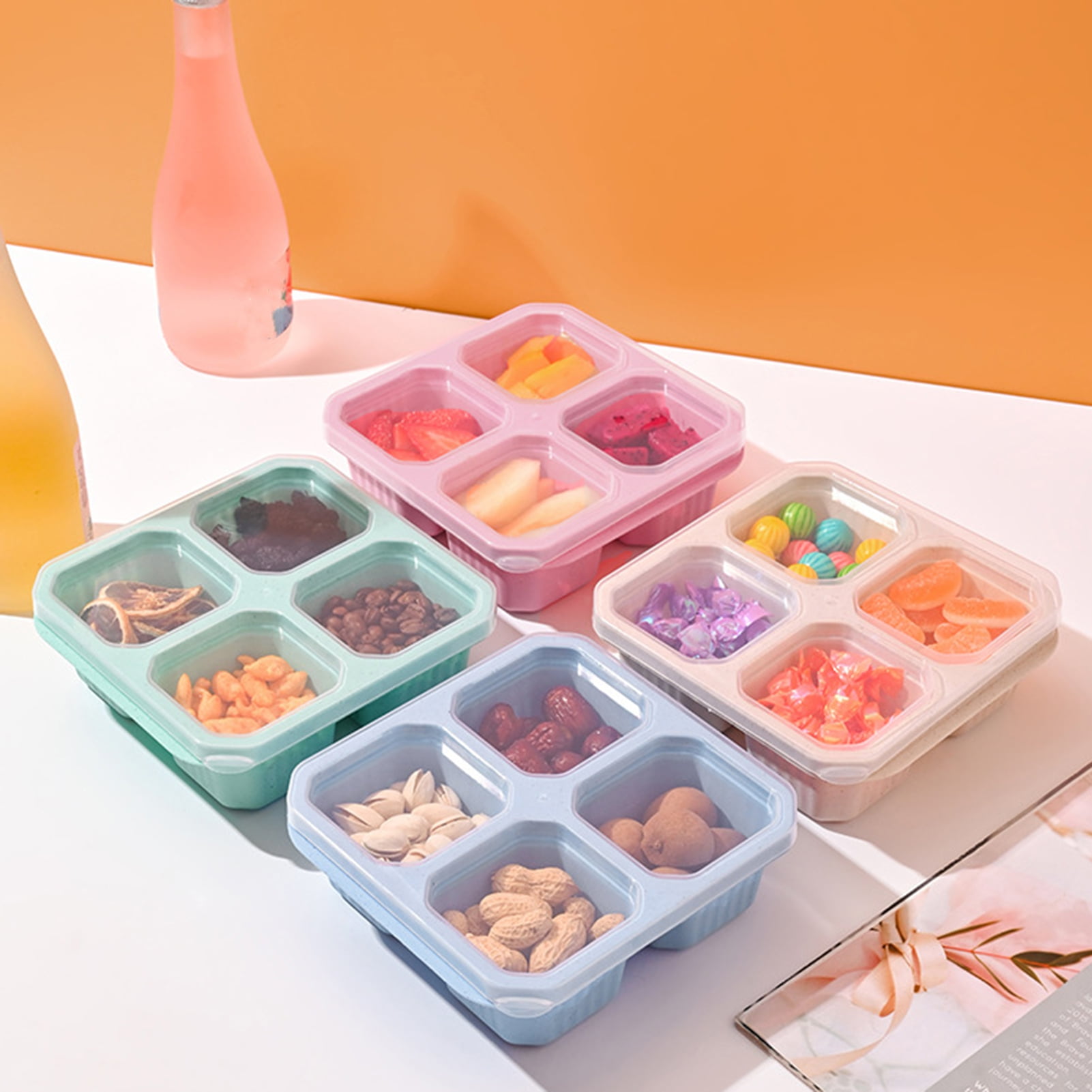 Joernso 4 Pcs Snack Boxes with 4 Compartments Reusable Easy-Open Lid ...