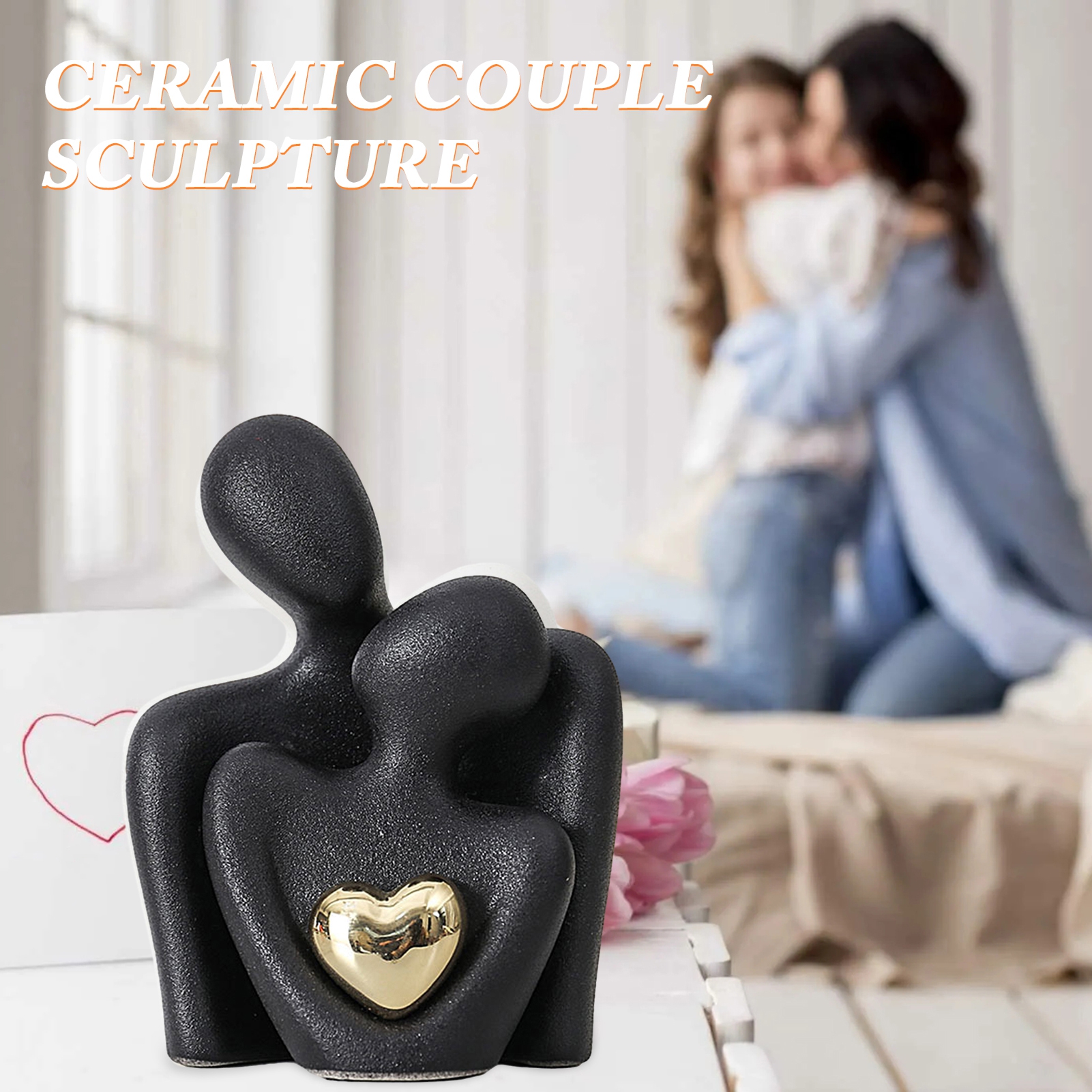 Joernso Ceramic Couple Hug Figurine with Golden Love Heart Men Women ...