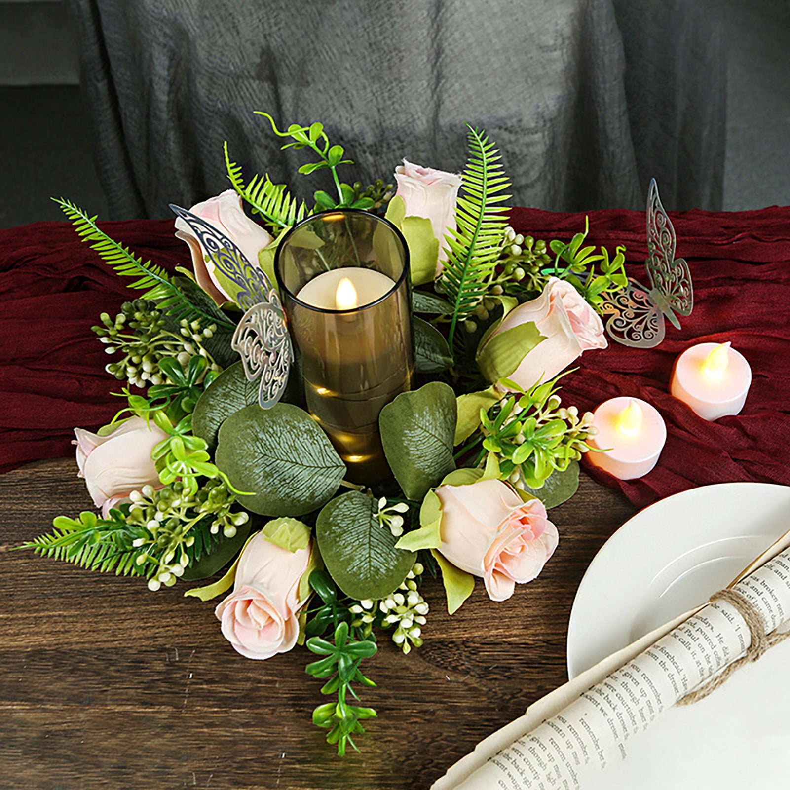 Joernso Fake Rose Candle Wreath Handmade Artificial Flowers Candle Ring ...
