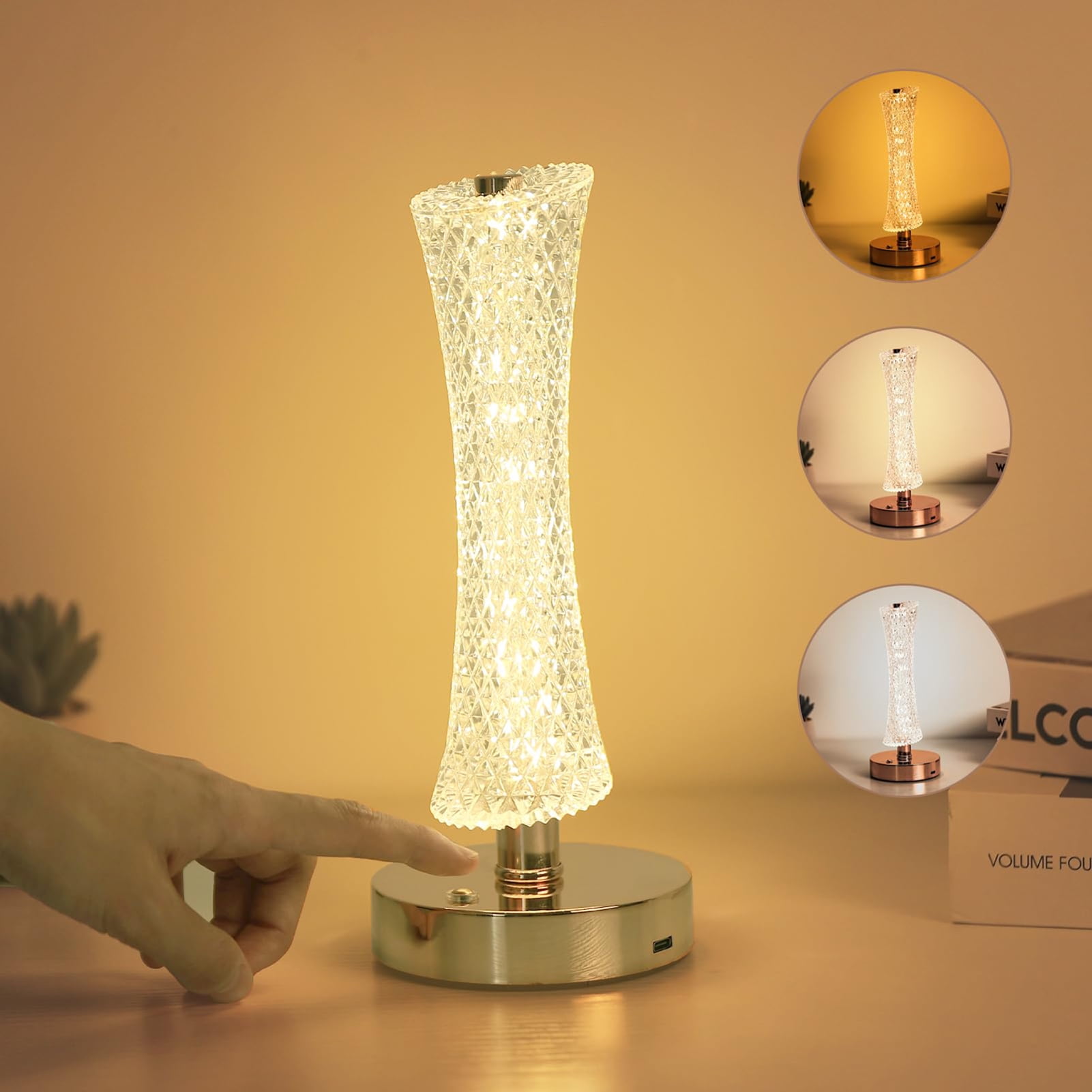 Joernso Faux Crystal Cordless Lamp 3 Color Modes Brightness Adjustable ...