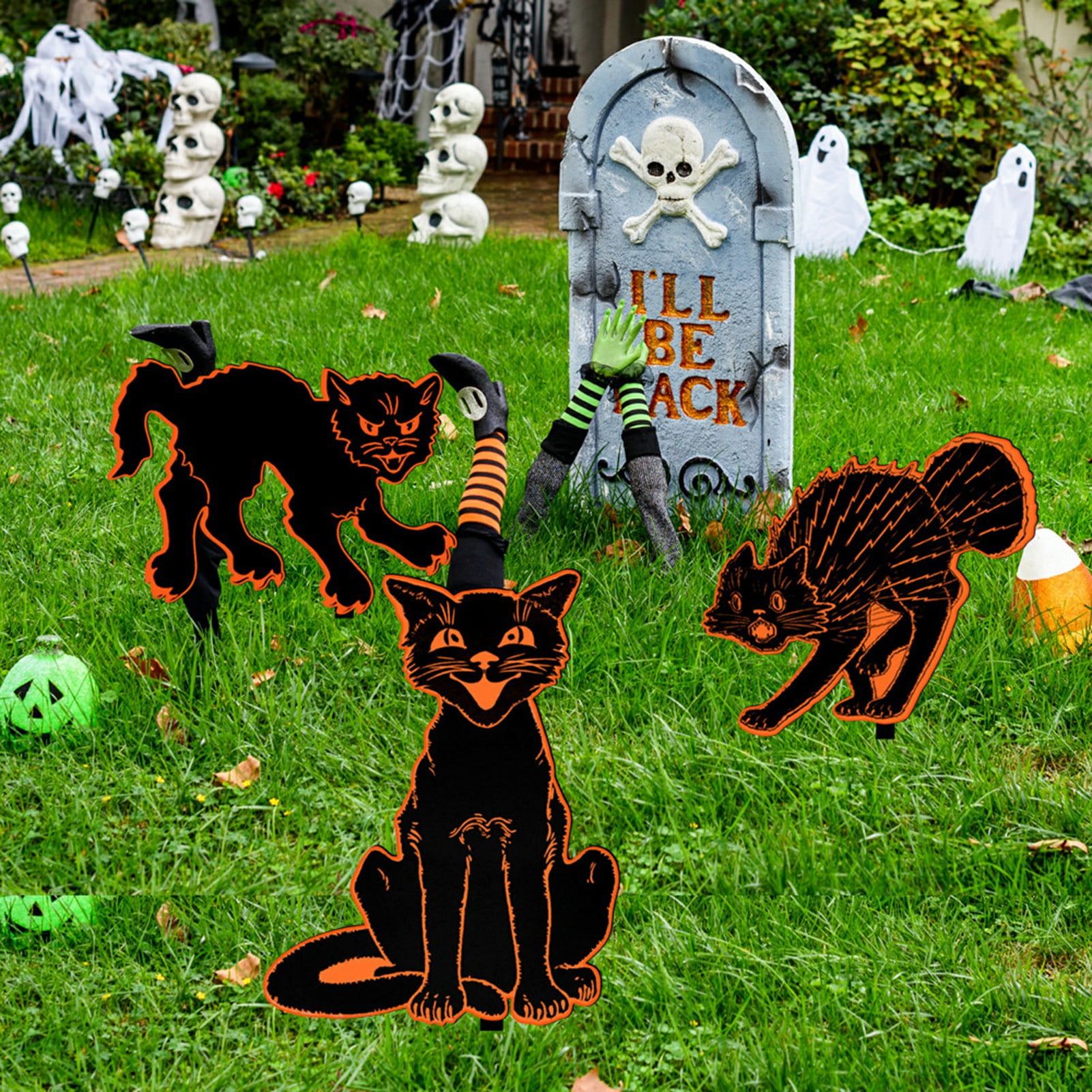 Joernso Garden Inserts Glow-in-the-Dark Scary Black Cat Yard Signs with ...