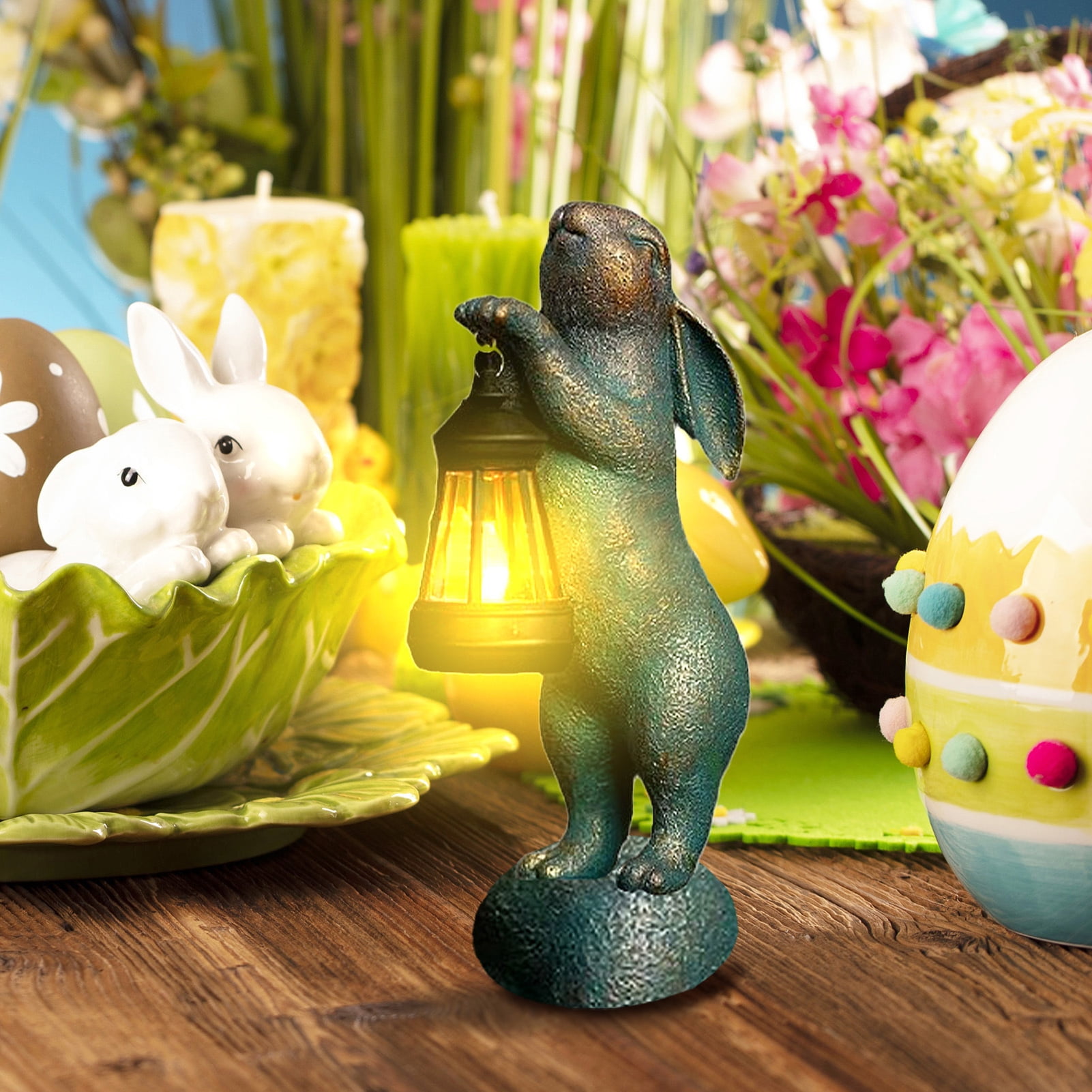 Joernso Garden Rabbit Figurine with Solar Lantern Indoor Outdoor Resin ...