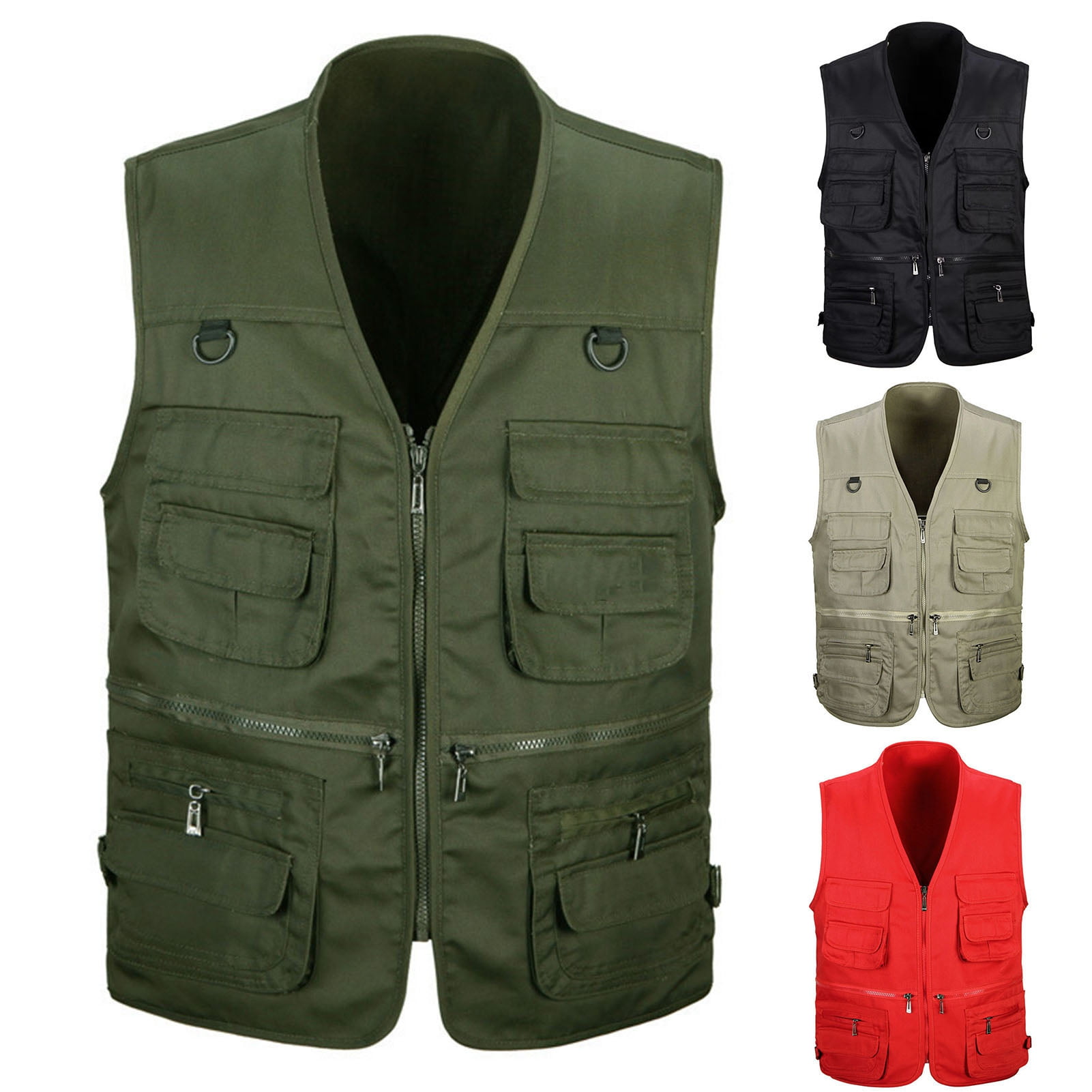 Joernso Men Waistcoat Solid Color Multi Pockets Zipper Sleeveless ...