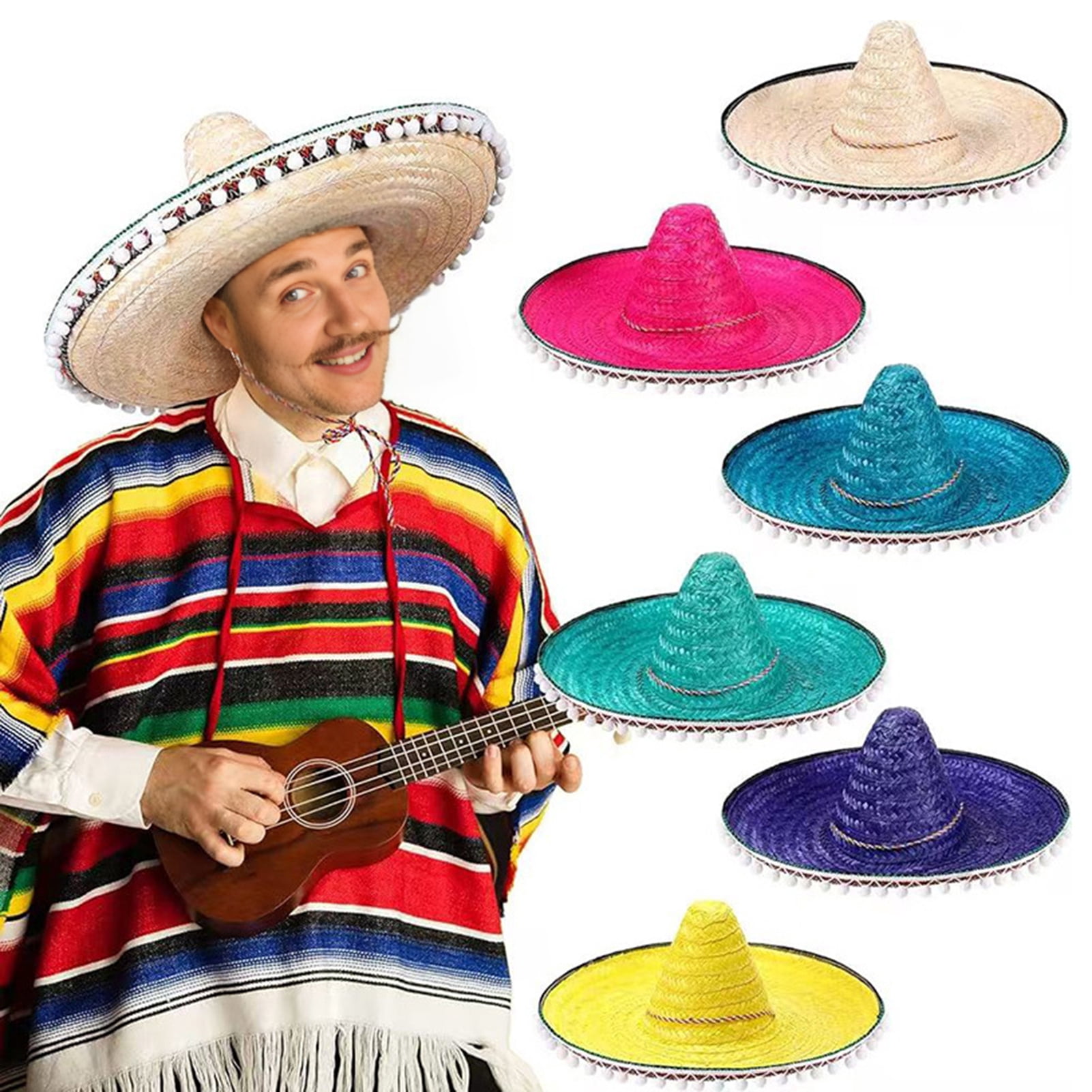 Joernso Mexican Sombrero with Colorful Poms, Hawaiian Style Woven Straw ...