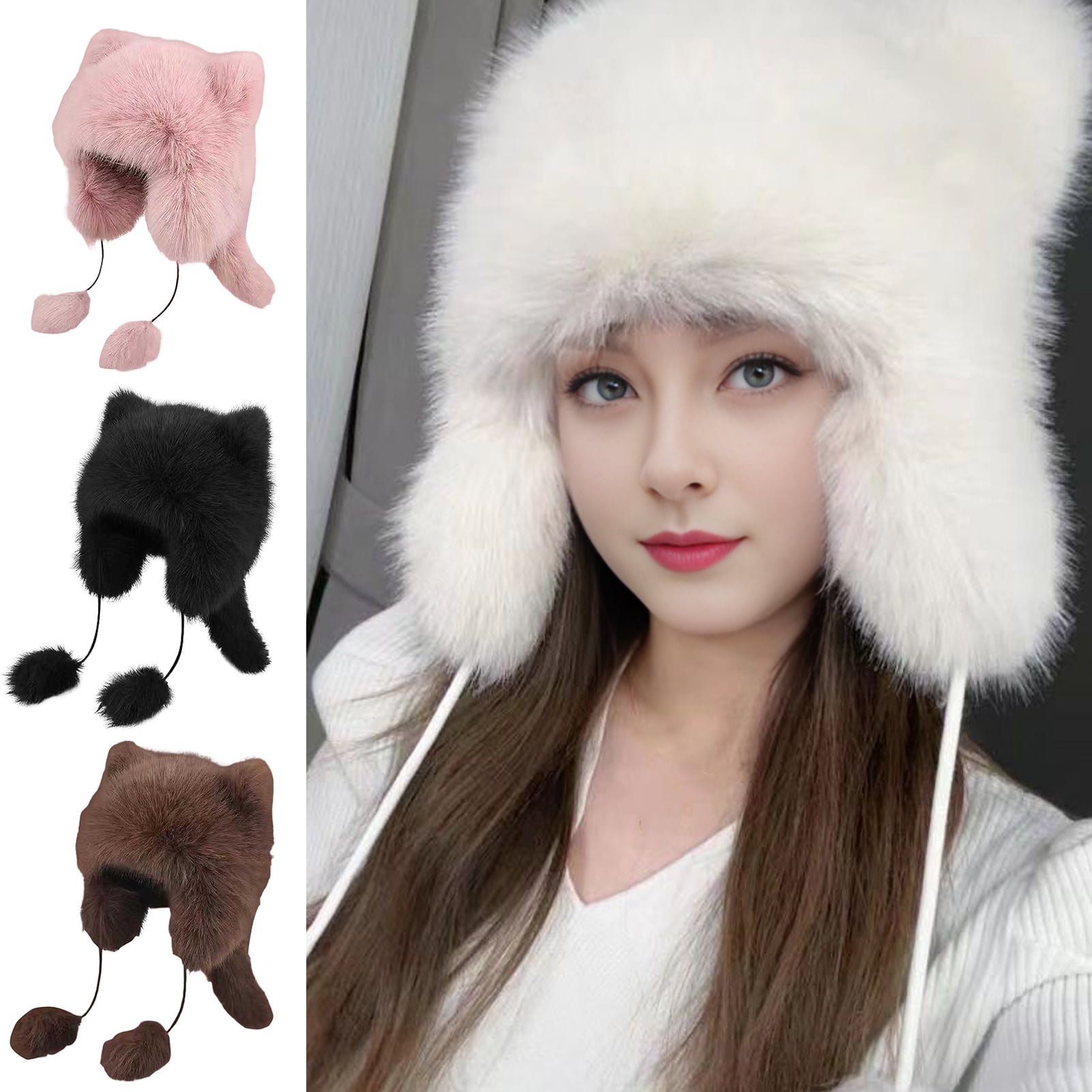 Joernso Women Winter Hat Thick Faux Fur Ear And Tail Decor Cartoon ...
