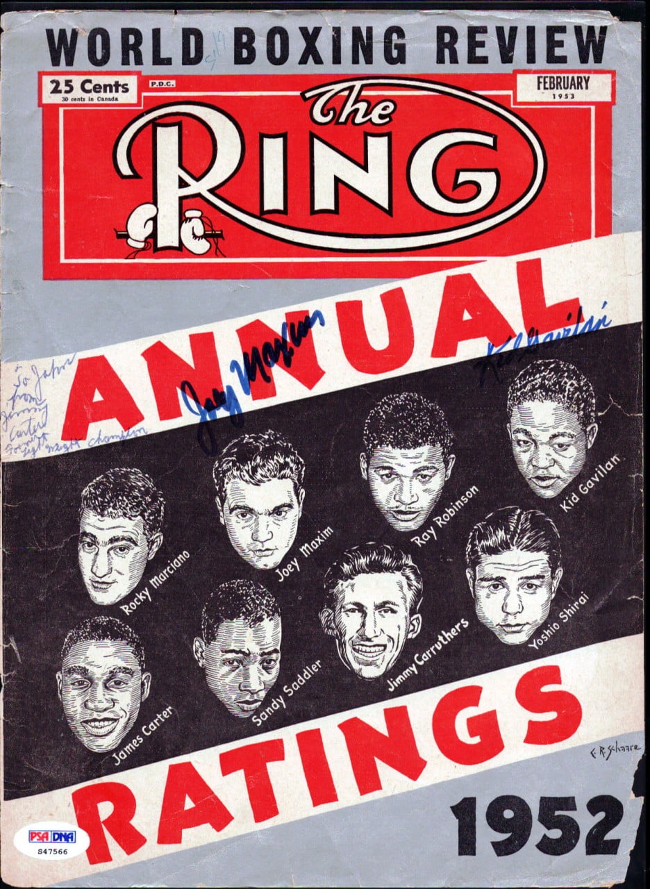Joey Maxim, Kid Gavilan & Jimmy Carter Autographed The Ring Magazine Cover "To John" PSA/DNA # ...