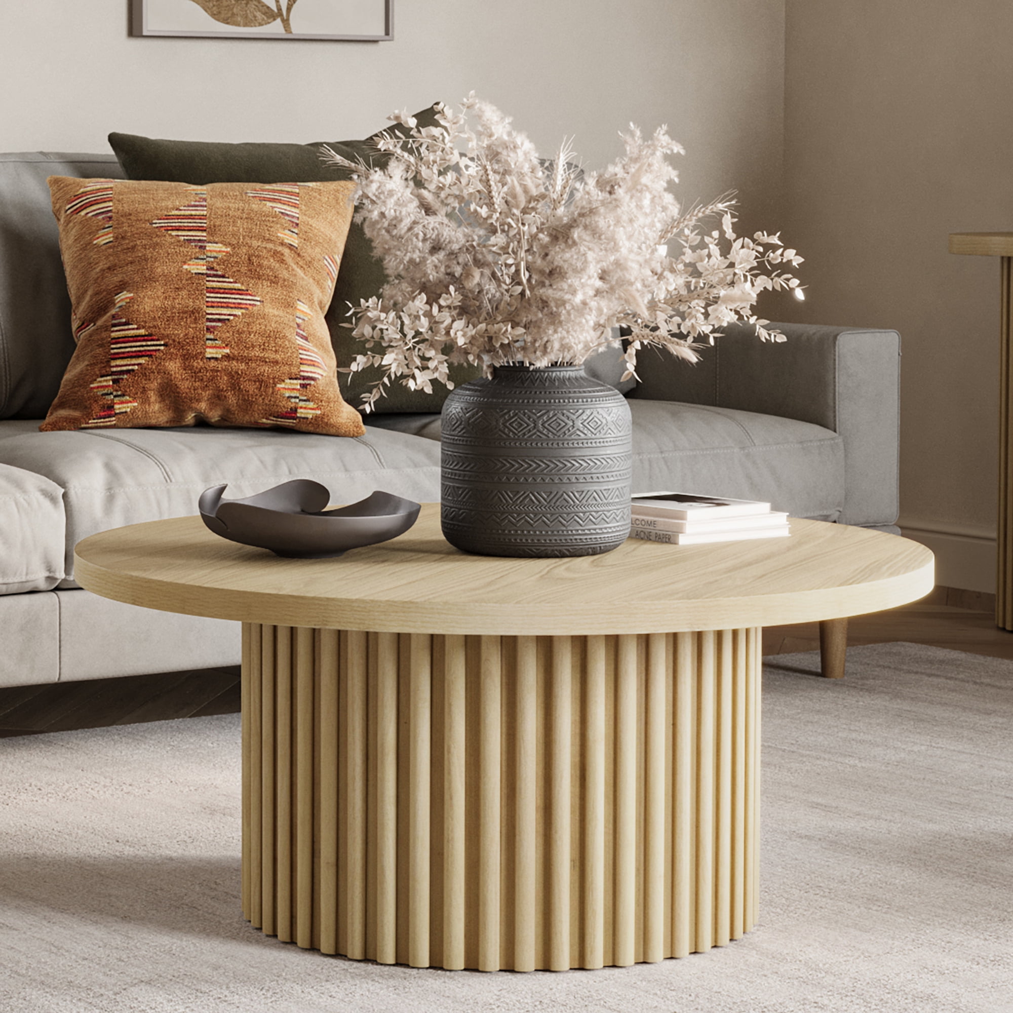 Jofran 40" Round Mid-Century Modern Fluted Pedestal Base Coffee Table ...