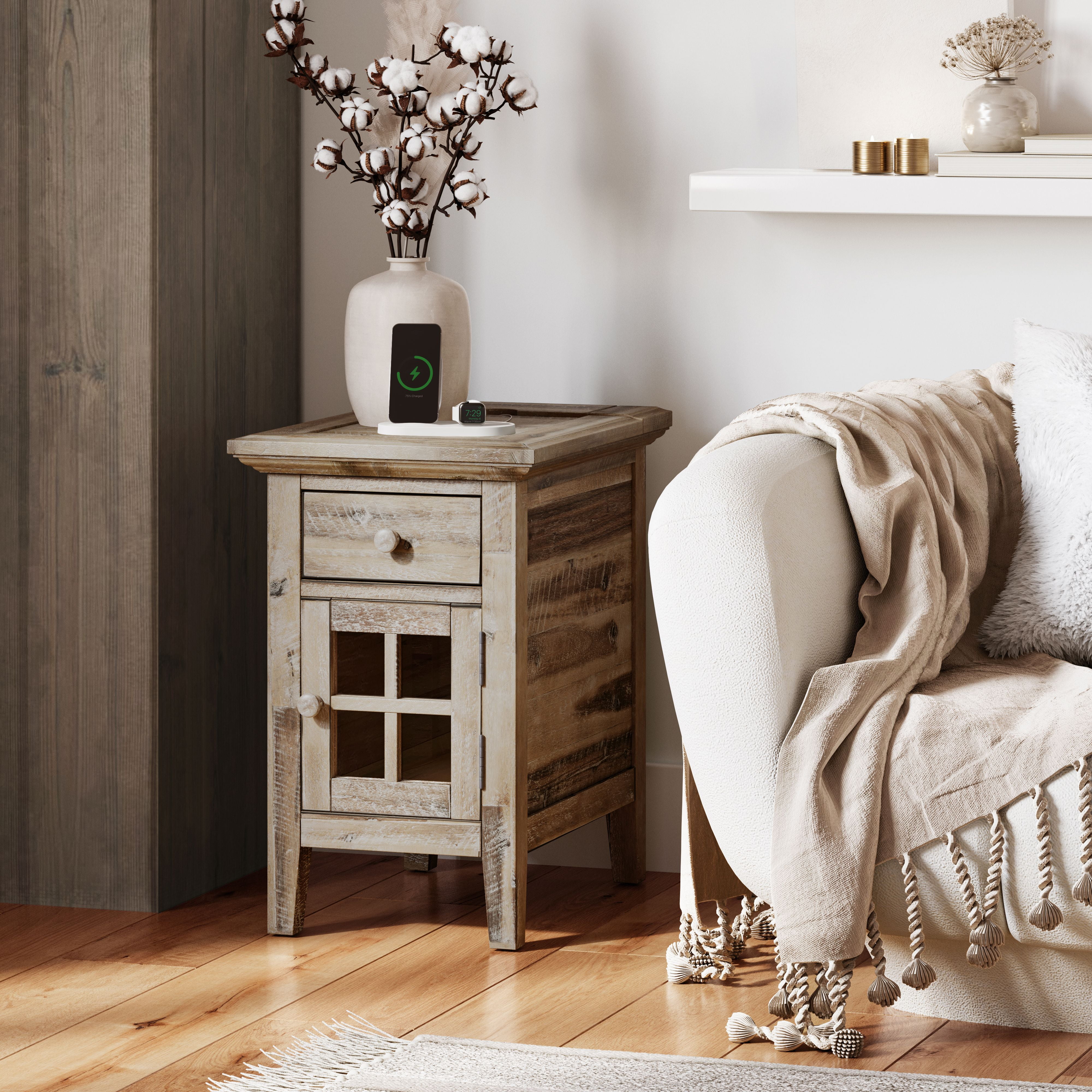 Jofran Rustic Shores Distressed Acacia USB Charging Chairside End Table ...