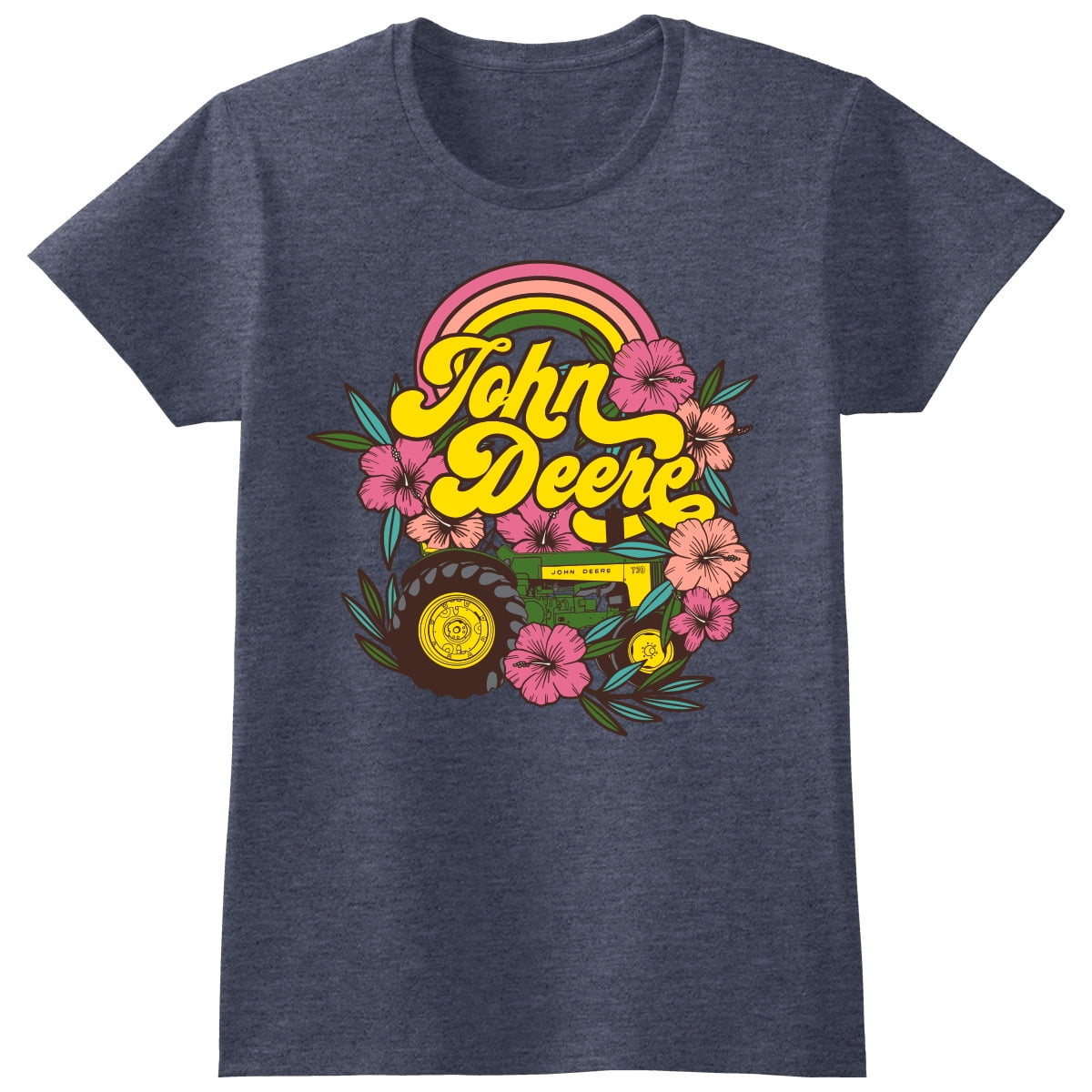 John Deere Adult Womens Tropical Tractor Flower Short Sleeve Tee - Navy ...