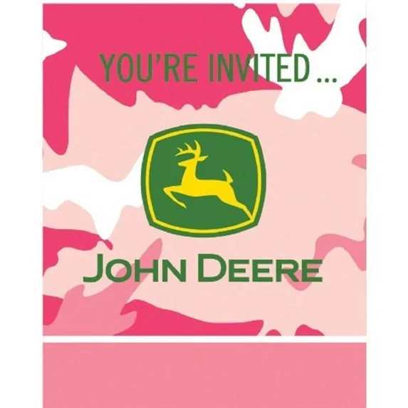 John Deere Pink Camo Tractor Farm Theme Birthday Party Invitations W ...