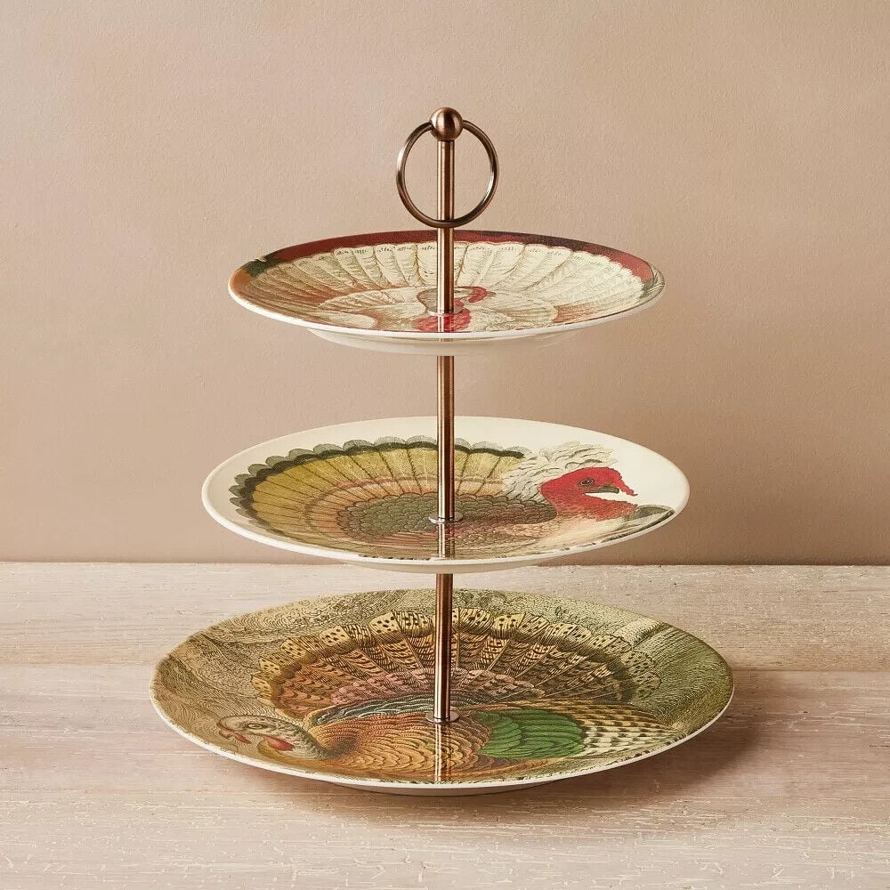 John Derian Fall Turkey 3 Tier Serving Desert Tray Thanksgiving ...