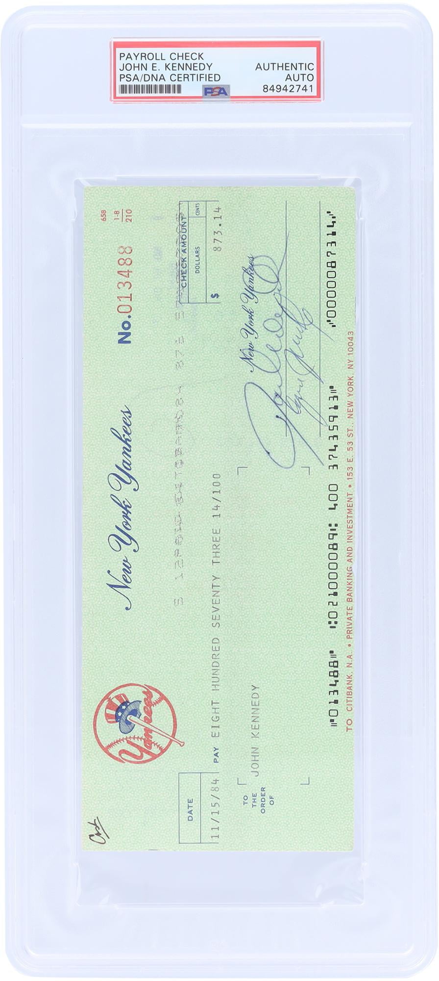 John E. Kennedy New York Yankees Autographed Check from November 15 ...