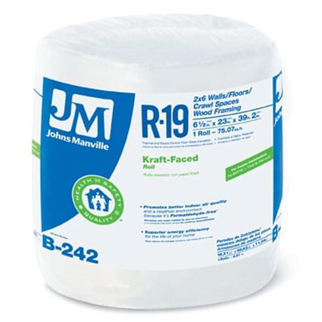 John Manville R19 Fiberglass Insulation Kraft Roll, 23 in. x 39 ft., 75 ...