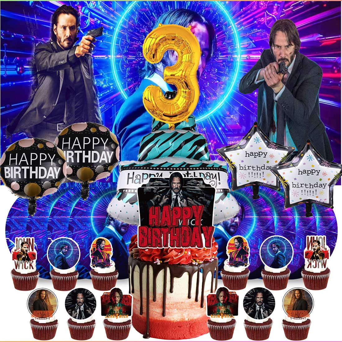 John Wick 3rd Tableware Balloons Cake Toppers Backdrop Banner Supplies ...