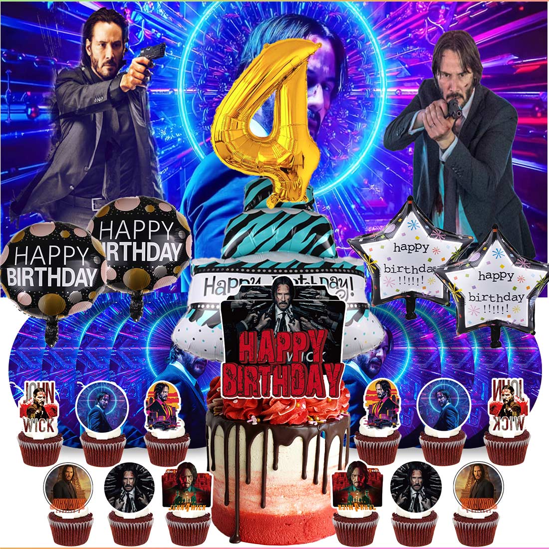 John Wick 4th Tableware Balloons Cake Toppers Backdrop Banner Supplies ...