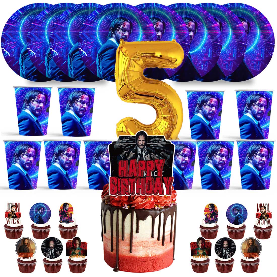 John Wick Birthday 5th Cups Party Supplies Plates Fans Decorations Cake ...
