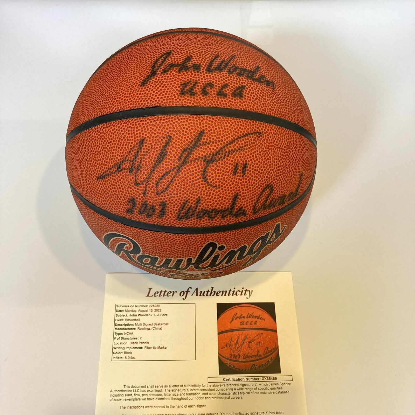 John Wooden T.J. Ford "Wooden Award" Signed Rawlings NCAA Basketball ...