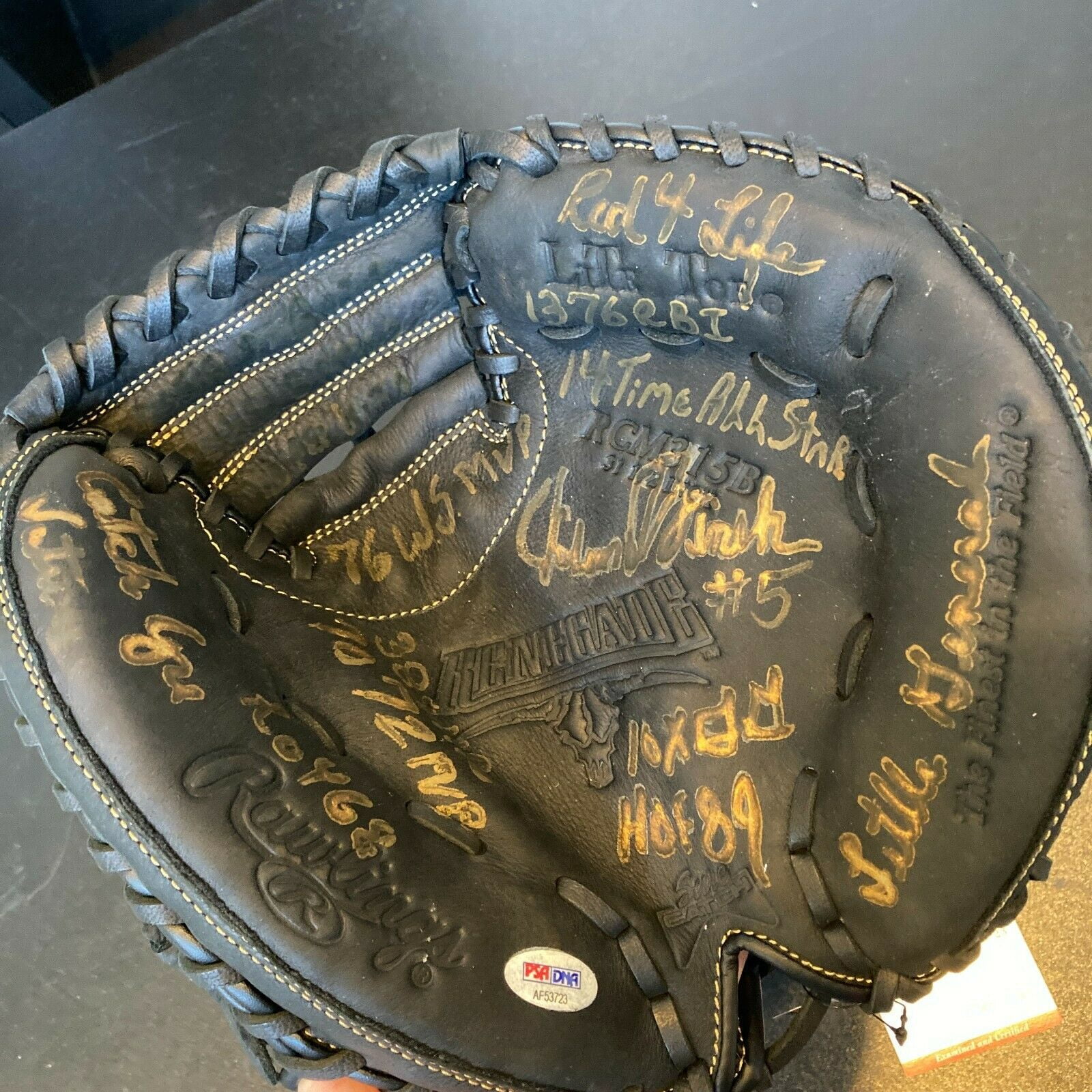 Johnny Bench Signed Heavily Inscribed STATS Catchers Mitt Glove PSA DNA ...