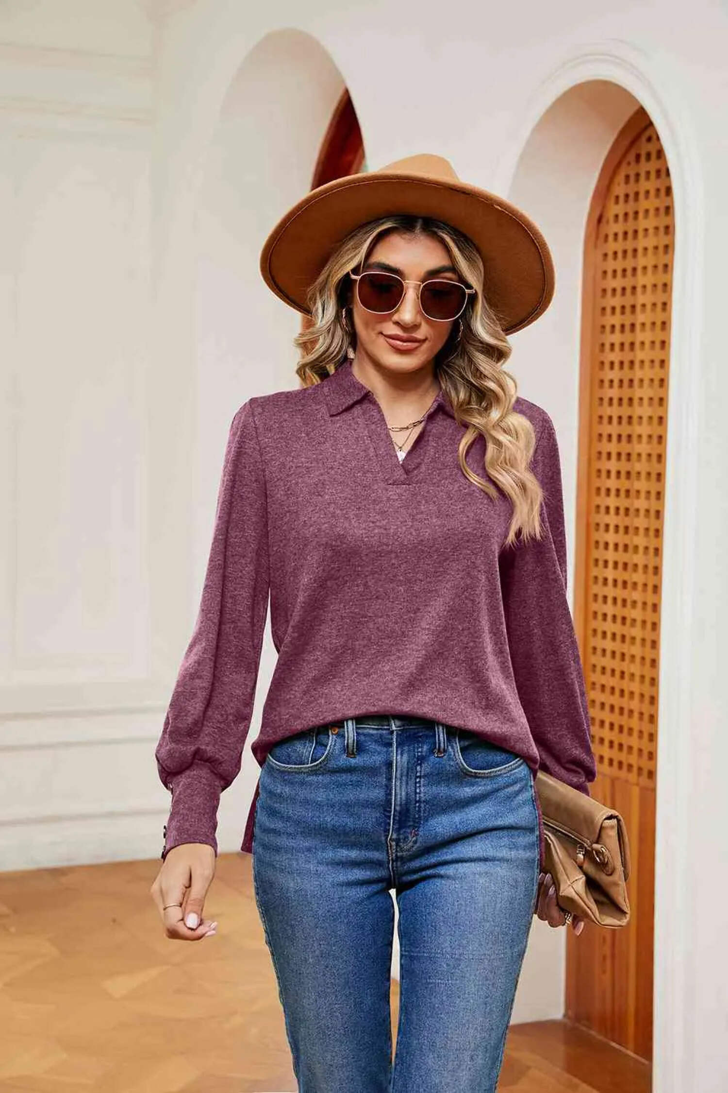 Johnny Collar Long Sleeve Top - BazaarBey - Walmart.com