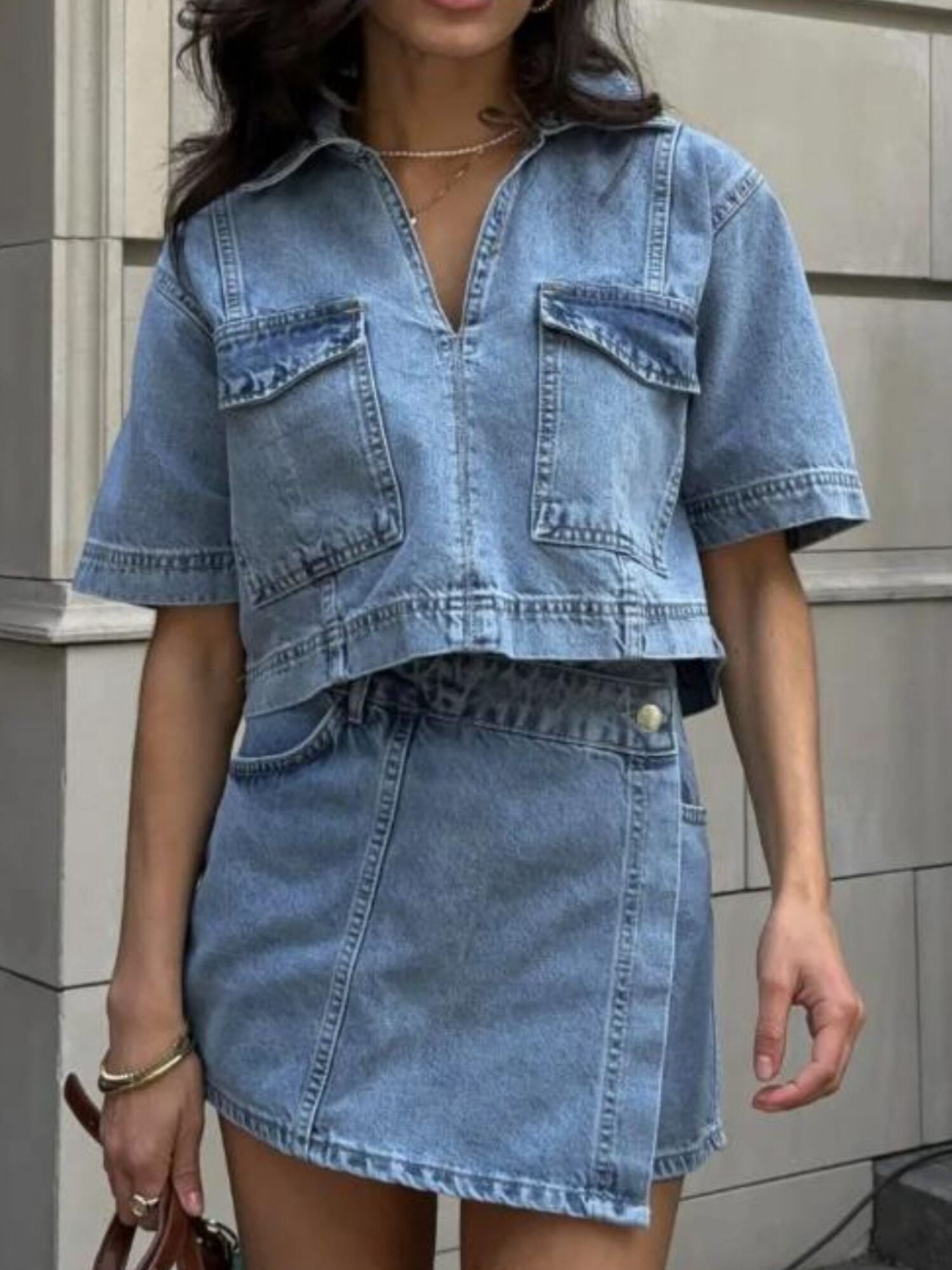 Johnny Collar Short Sleeve Top and Skort Denim Set - Walmart.com