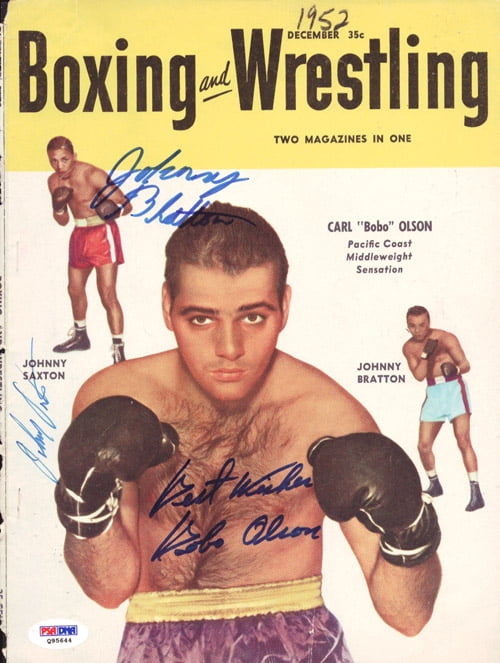 Johnny Saxton, Carl "Bobo" Olson & Johnny Bratton Autographed Boxing & Wrestling Magazine Cover ...