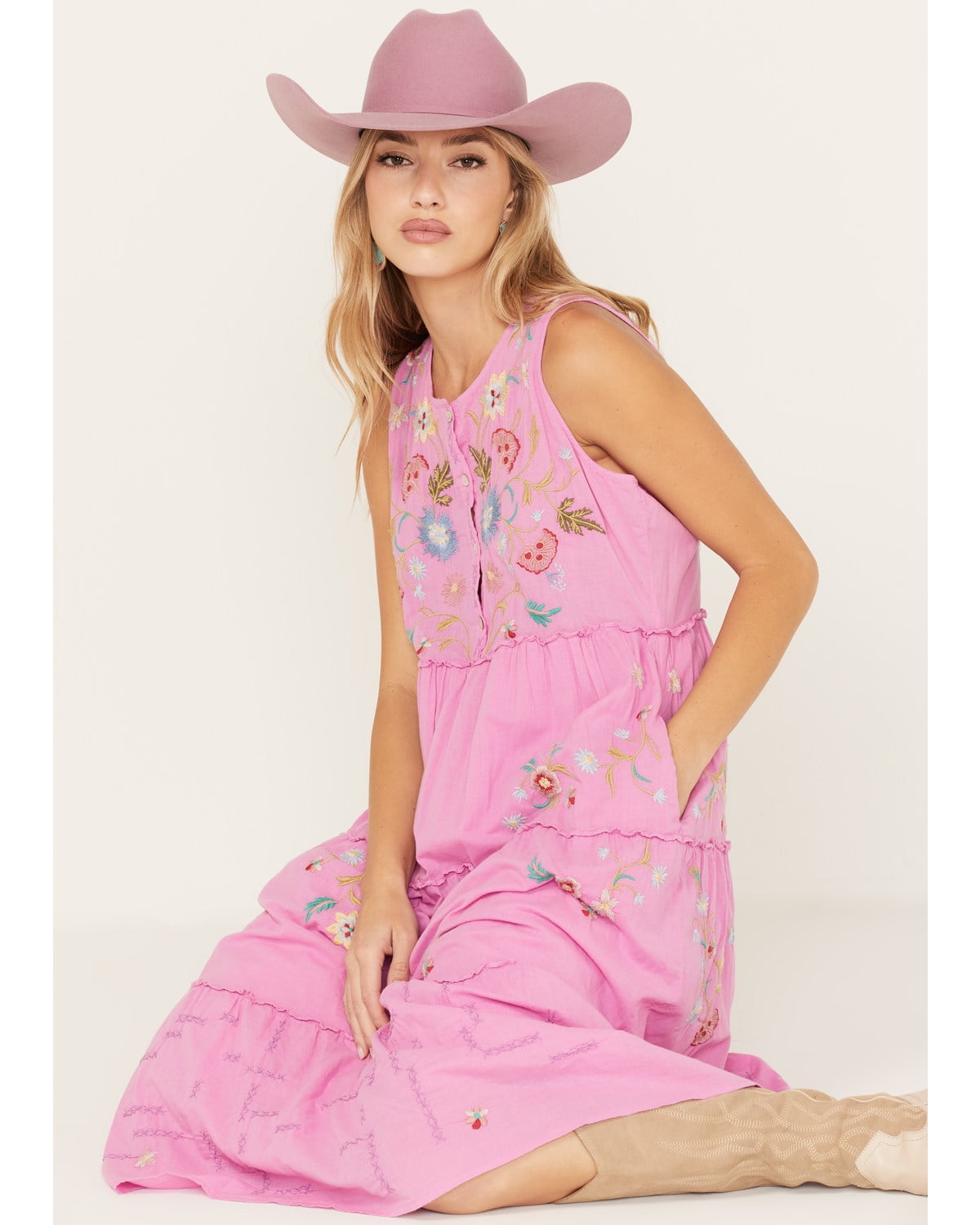 Johnny Was Women's Zanzibar Tiered Embroidered Dress Pink Large US ...