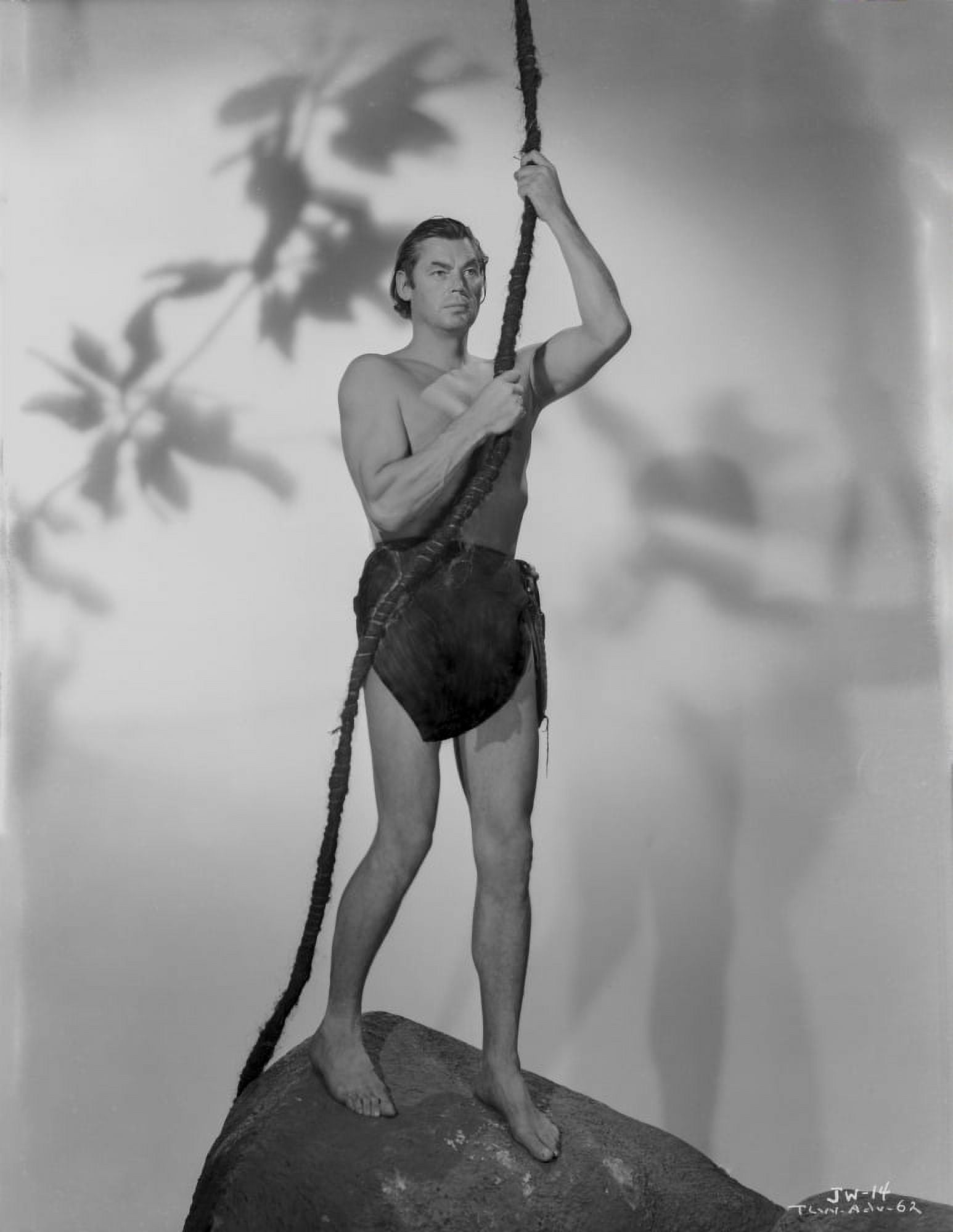 Johnny Weissmuller Holding on a Rope Swing in a Classic Movie Scene ...