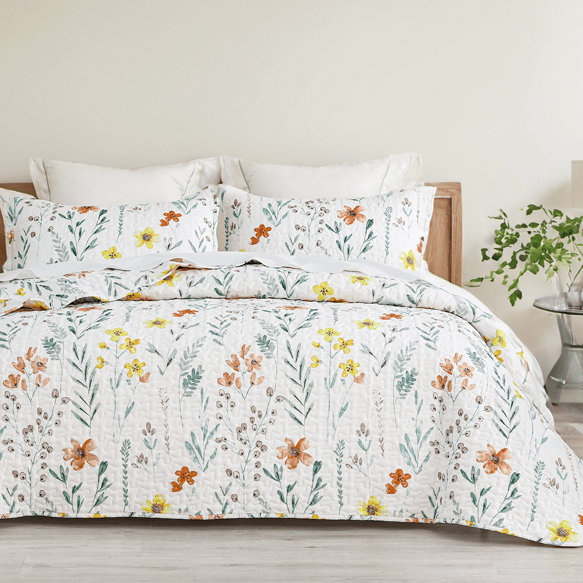 Johnpey 3-Piece White Botanical Quilt Bedding Sets, Queen - Walmart.com