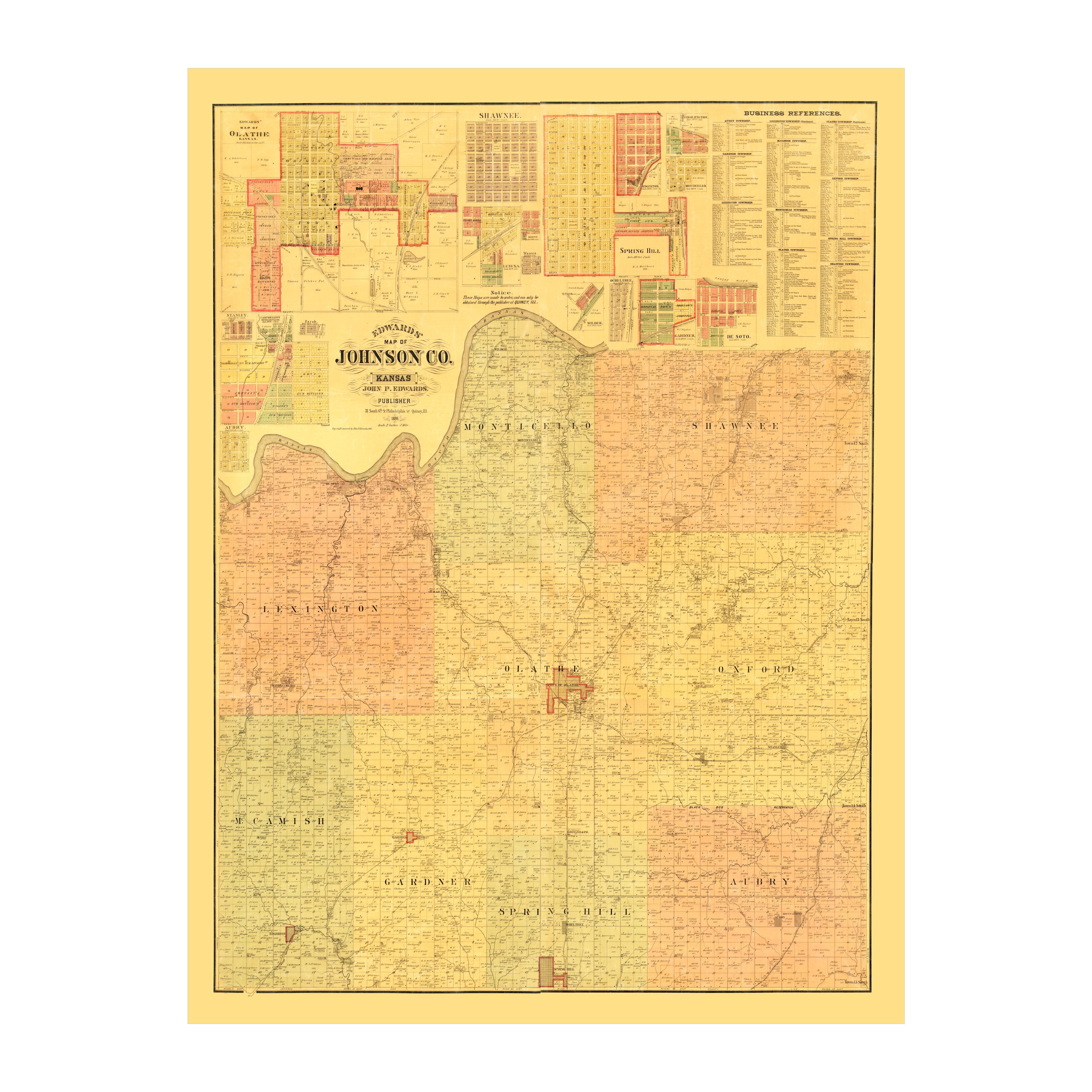 Johnson County Kansas Art, 1886 Vintage Map of Johnson County KS ...
