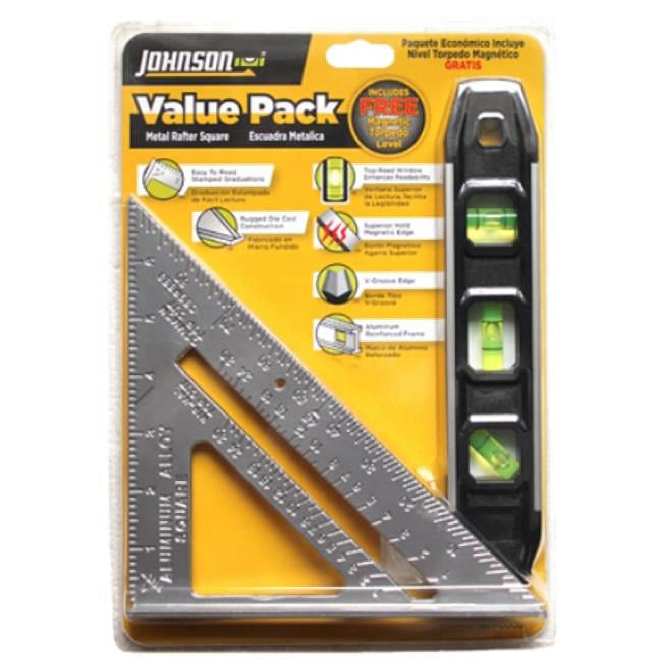 Johnson Level 1901-0000 Metal Rafter Square & Magnetic Torpedo Level ...
