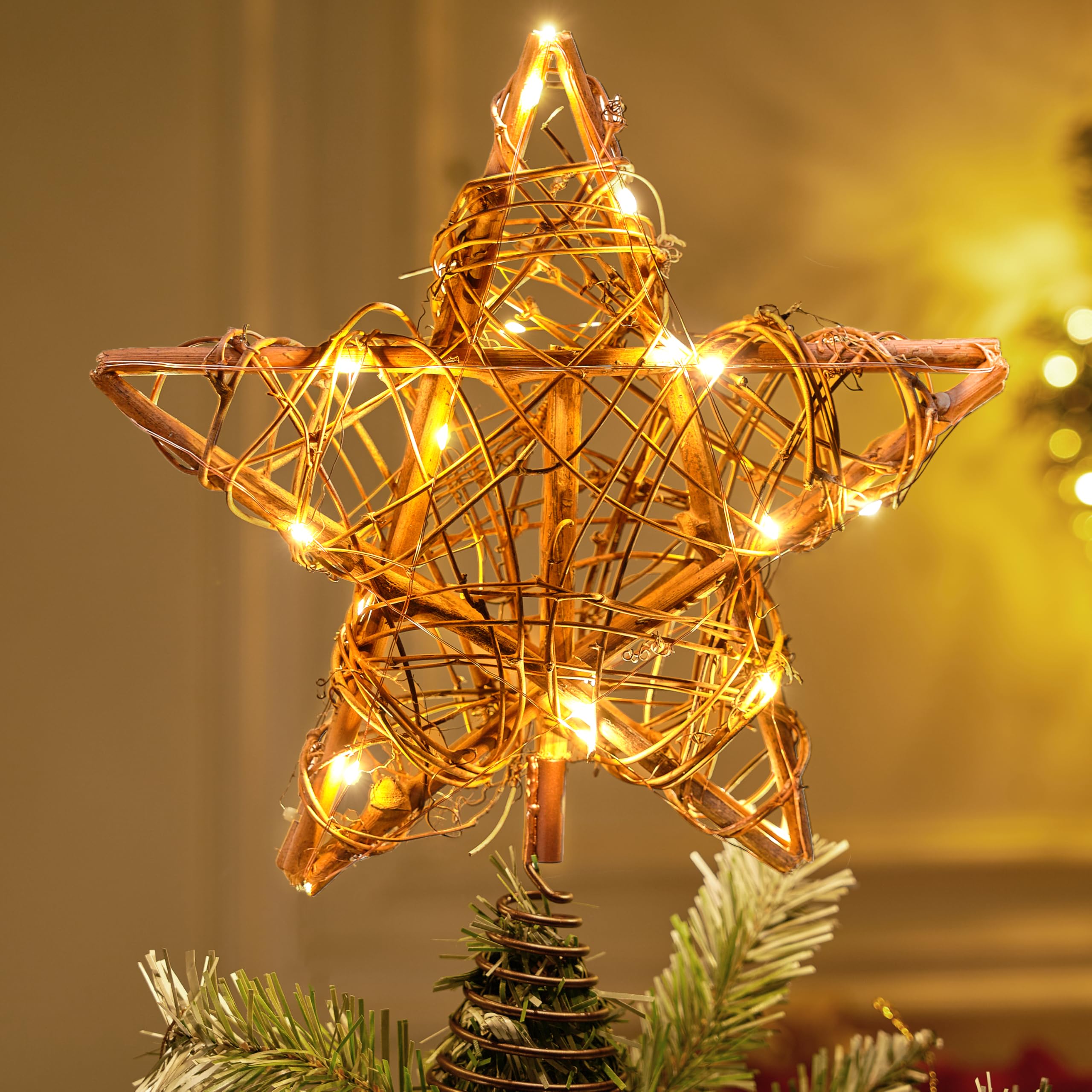 Joiedomi 10 Inch Christmas Tree Toppers, 50 LED Rustic Rattan Star Tree ...