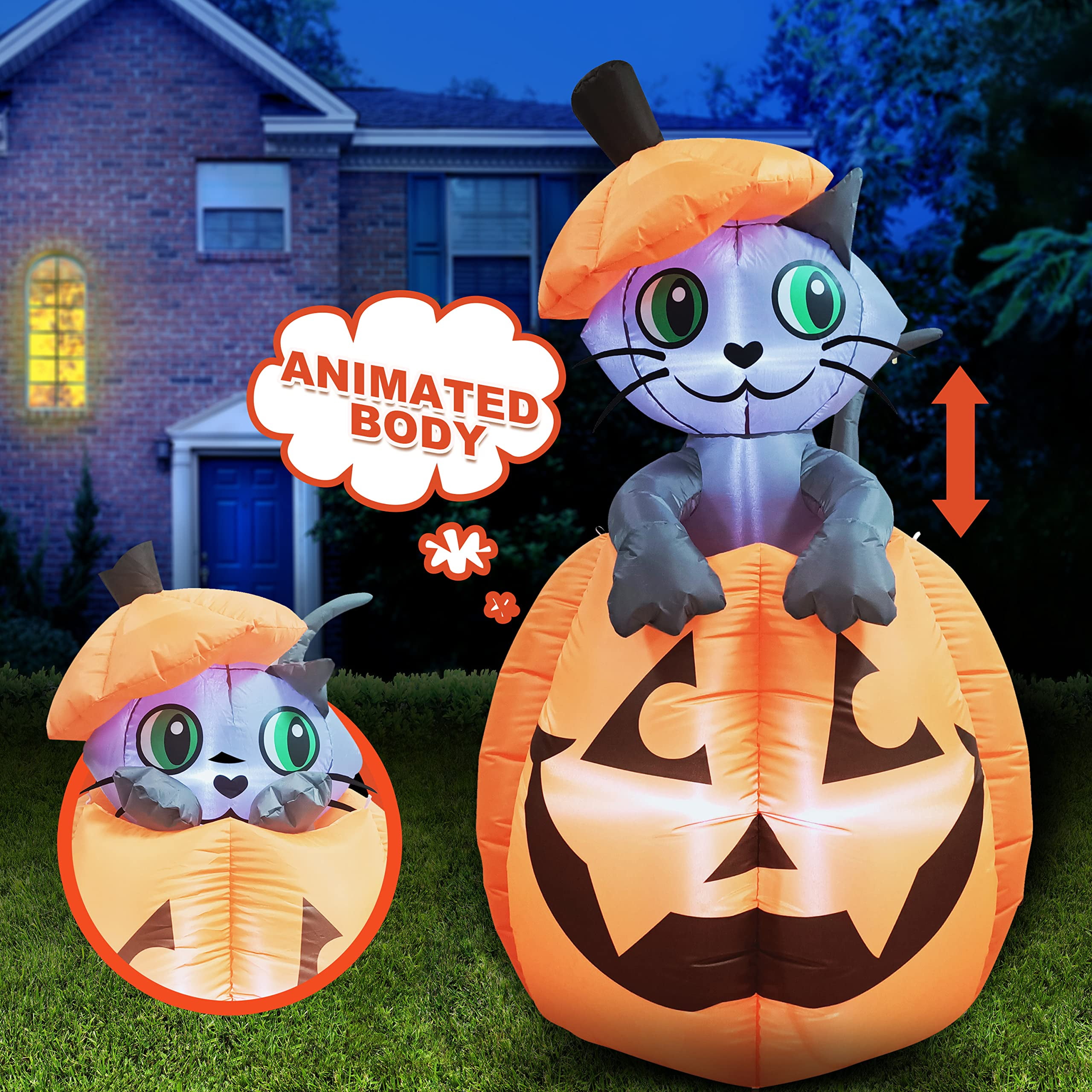 Joiedomi 5 ft Tall Halloween Inflatable Animated Kitty Cat On Pumpkin ...