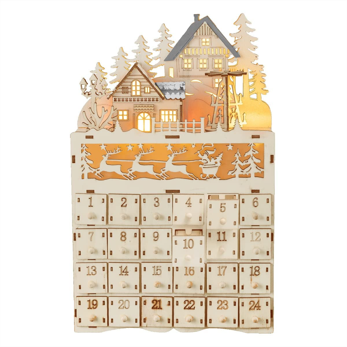 Joiedomi Christmas LED Wooden Advent Calendar with 24 Drawers Lighted ...