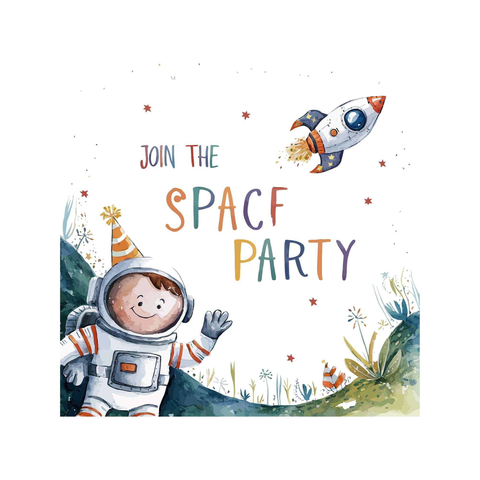 Join The Space Party Cosmic Space Exlporer Rocket Stars Cartoon Wall ...