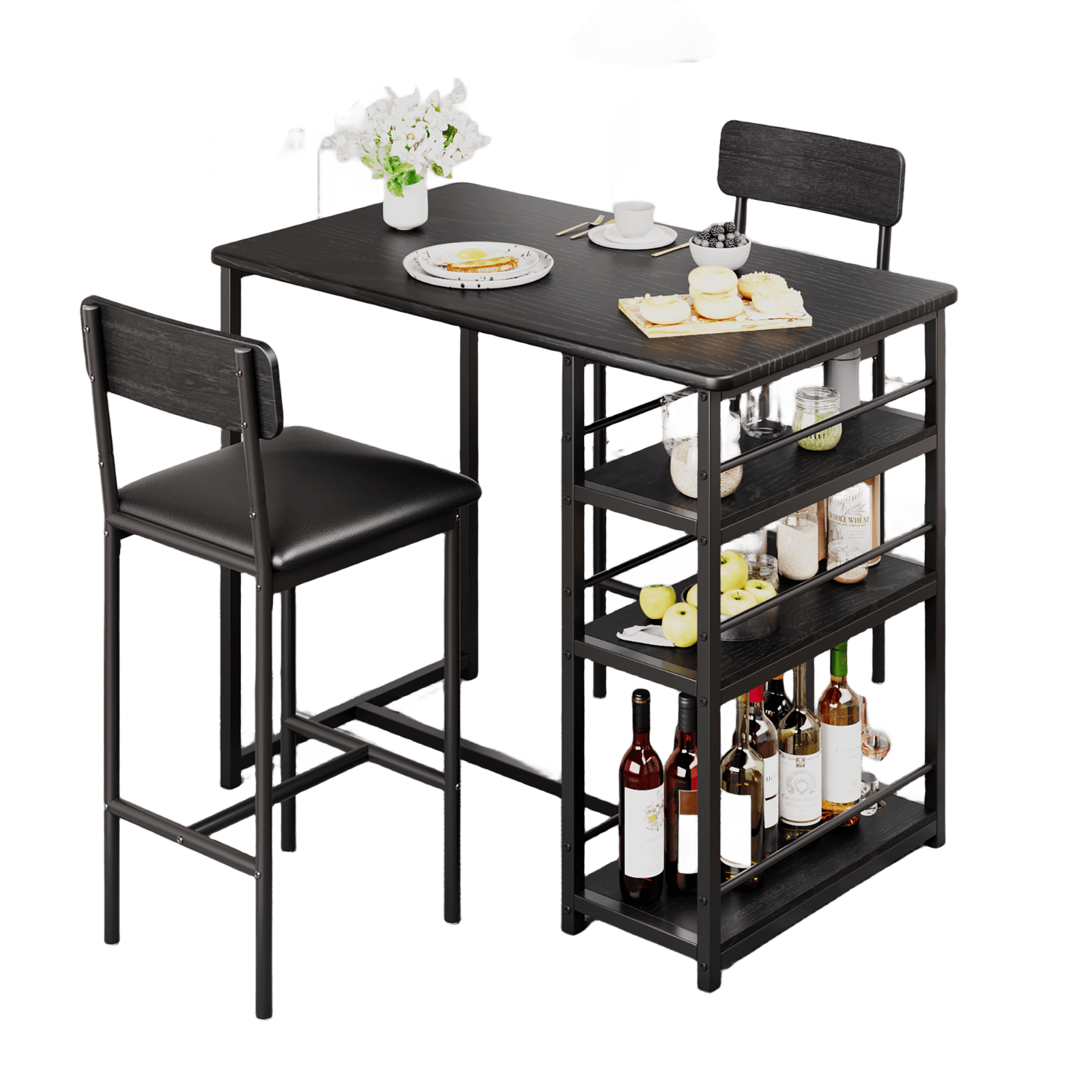 Jojoka Compact 3 Piece Dining Set for 2, Bar Table with Storage Shelf, 2 Upholstered Chairs ...